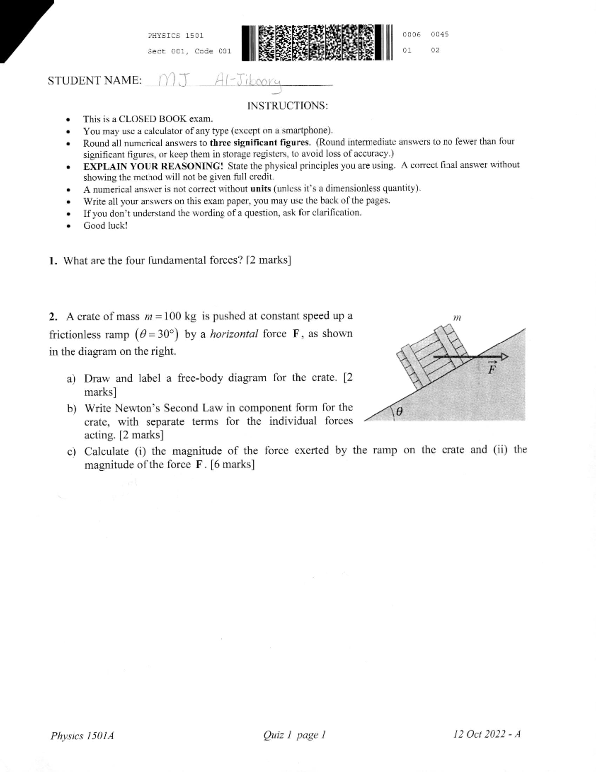 1501A Quiz 1 FW 2022 - Physics 1501A/B - Studocu