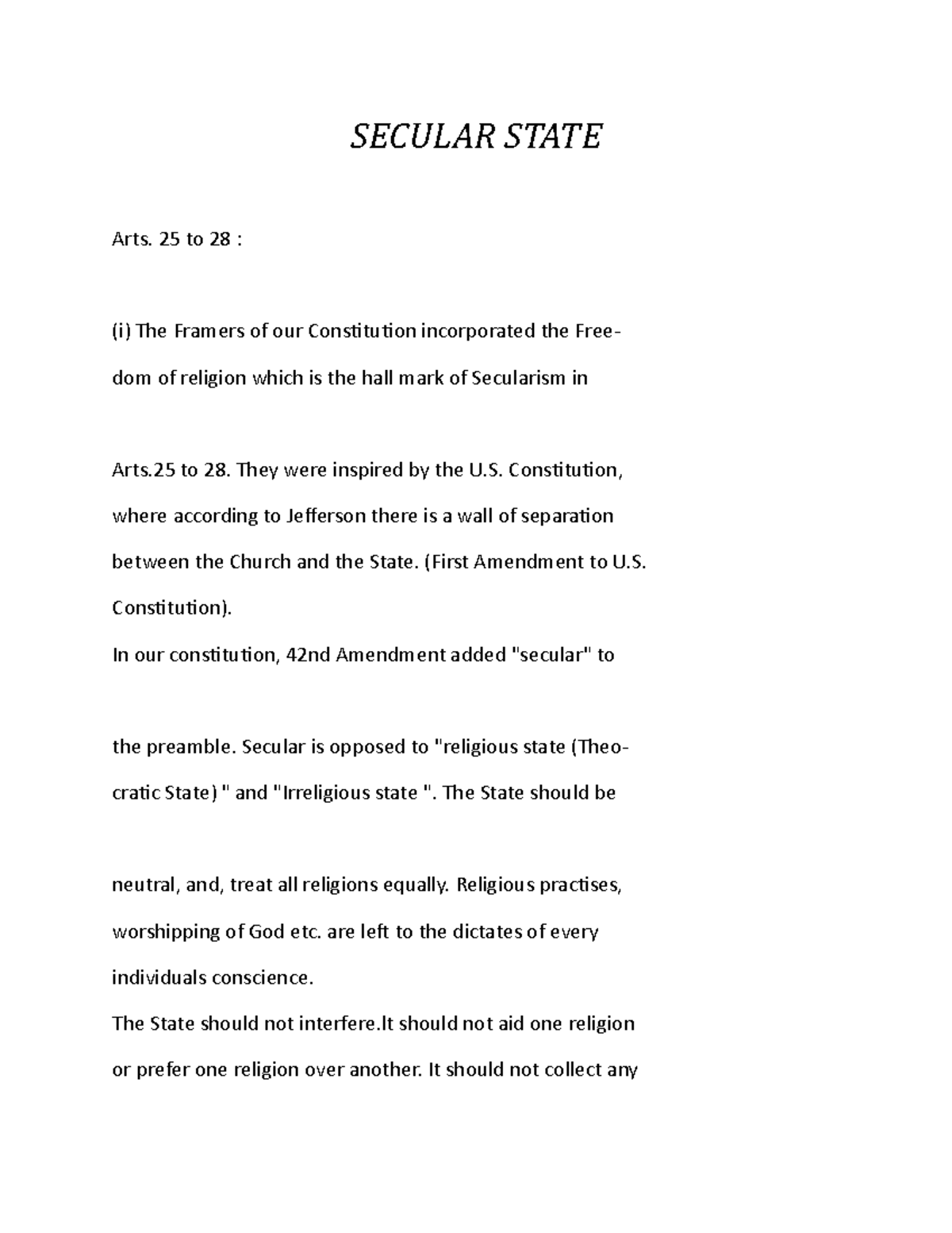 Secular State AND Writs - SECULAR STATE Arts. 25 to 28 : (i) The ...