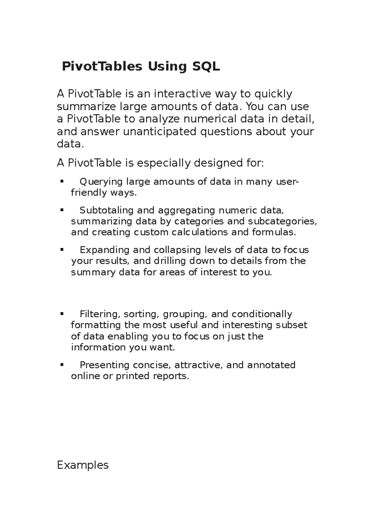 Pivor database senimar - PivotTables Using SQL A PivotTable is an ...