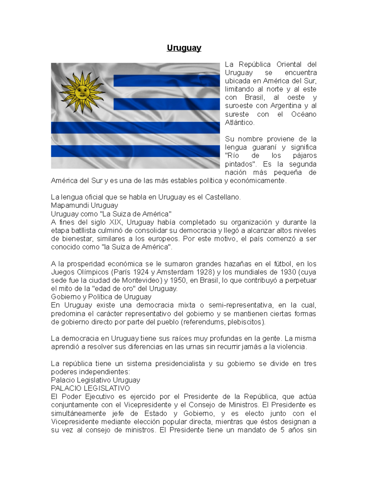 Uruguay - Uruguay La República Oriental del Uruguay se encuentra ...