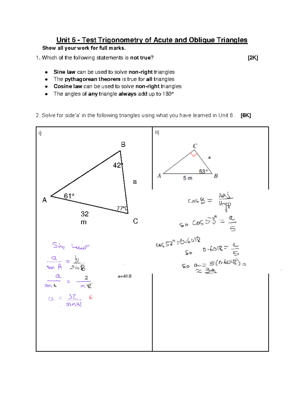 Kami Export - Unit 6 Test Trigonometry of Acute and Oblique Triangles ...