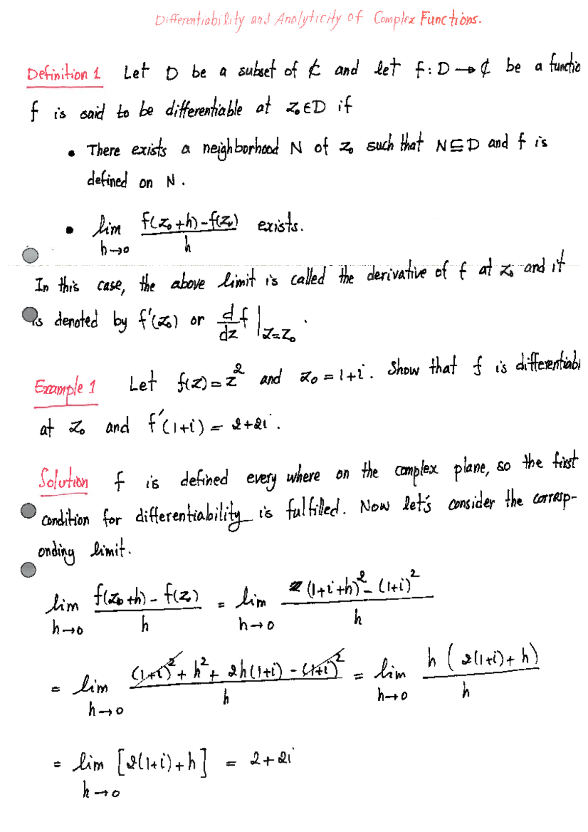 Tutorial work - Differentiability and analyticity of complex functions ...