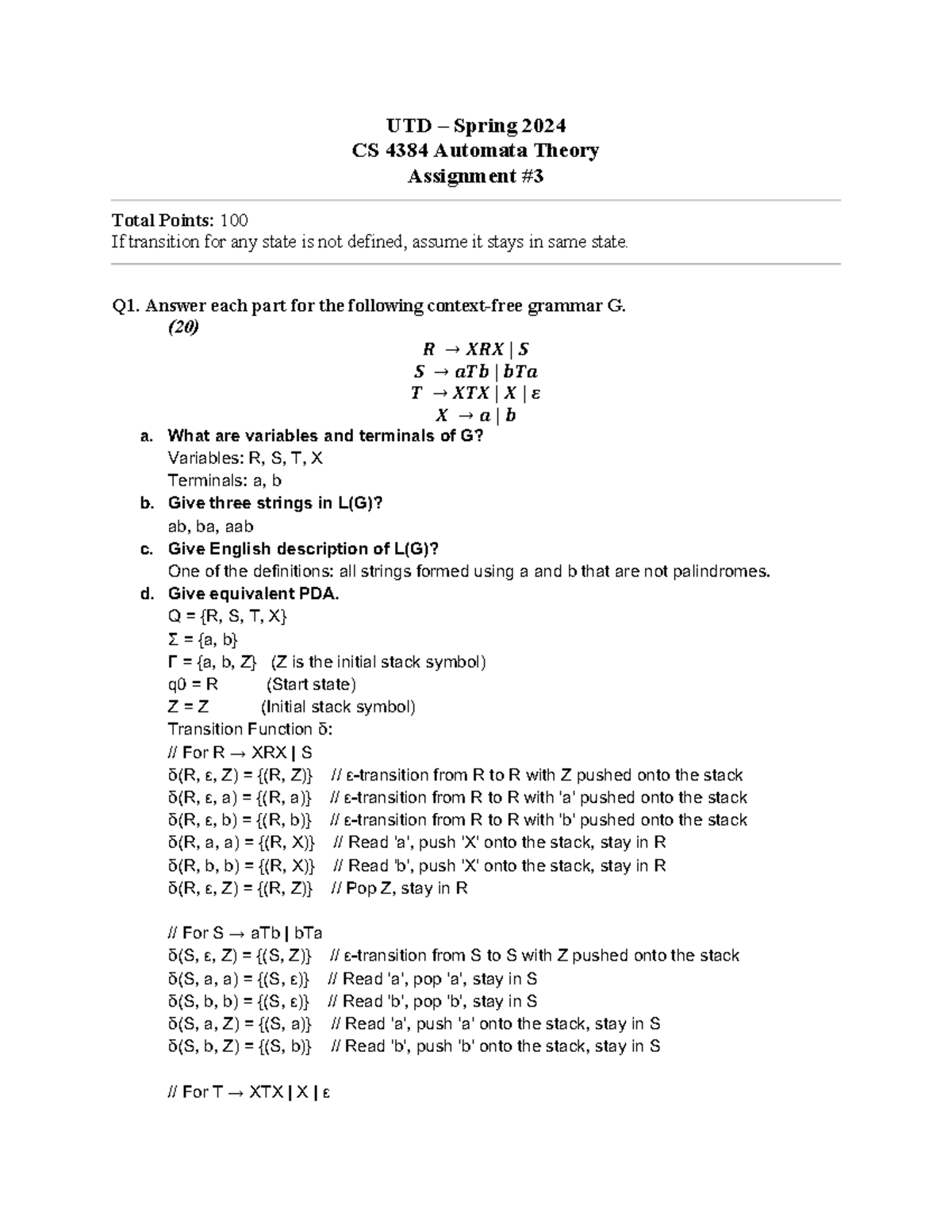 HW3 solutions - UTD – Spring 2024 CS 4384 Automata Theory Assignment # 3 Total Points: 100 If ...