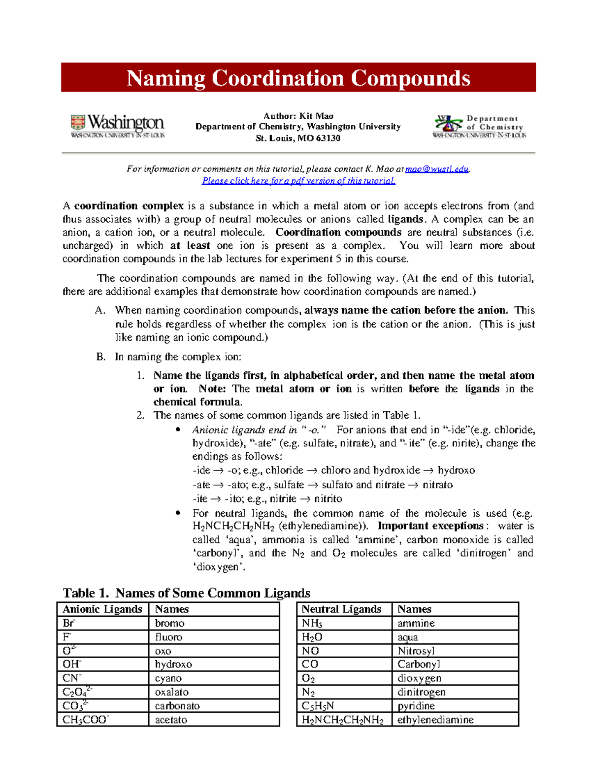 Naming complex ion - work - Naming Coordination Compounds Author: Kit Mao Department of ...