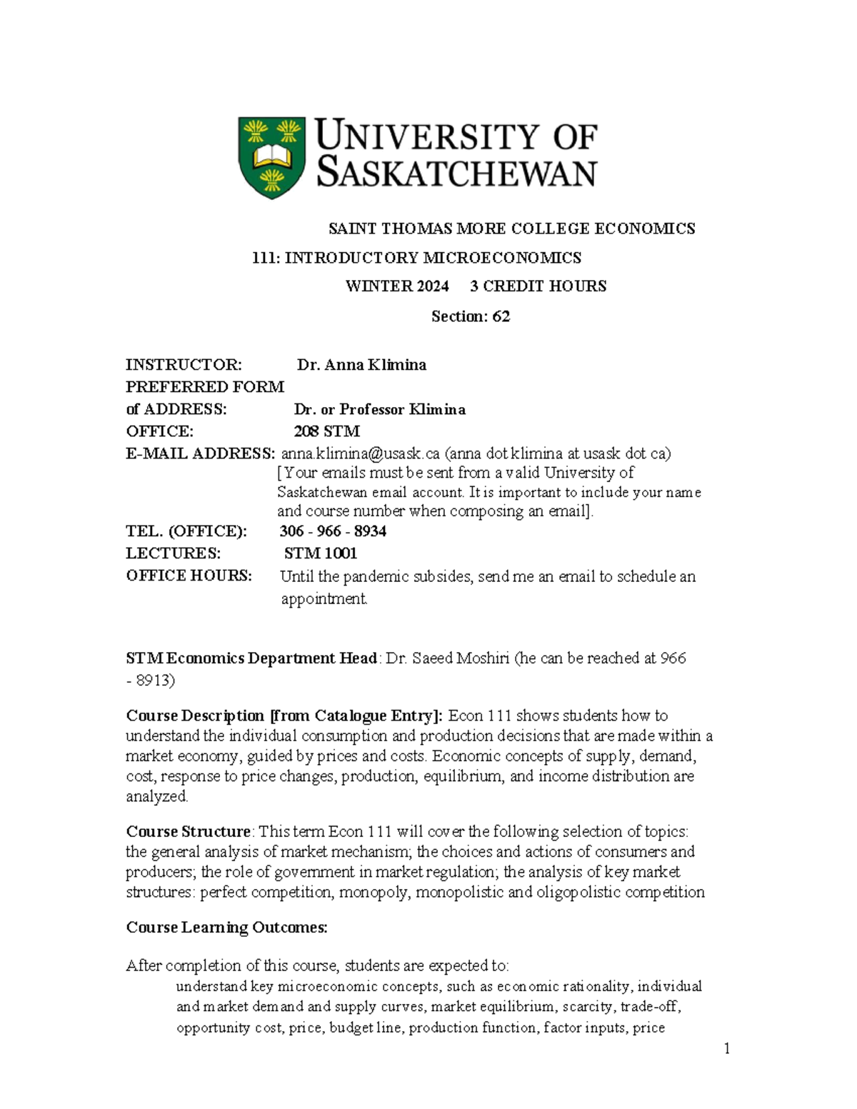 Econ 111 62 Winter 2024 course outline (1) 2 - SAINT THOMAS MORE ...