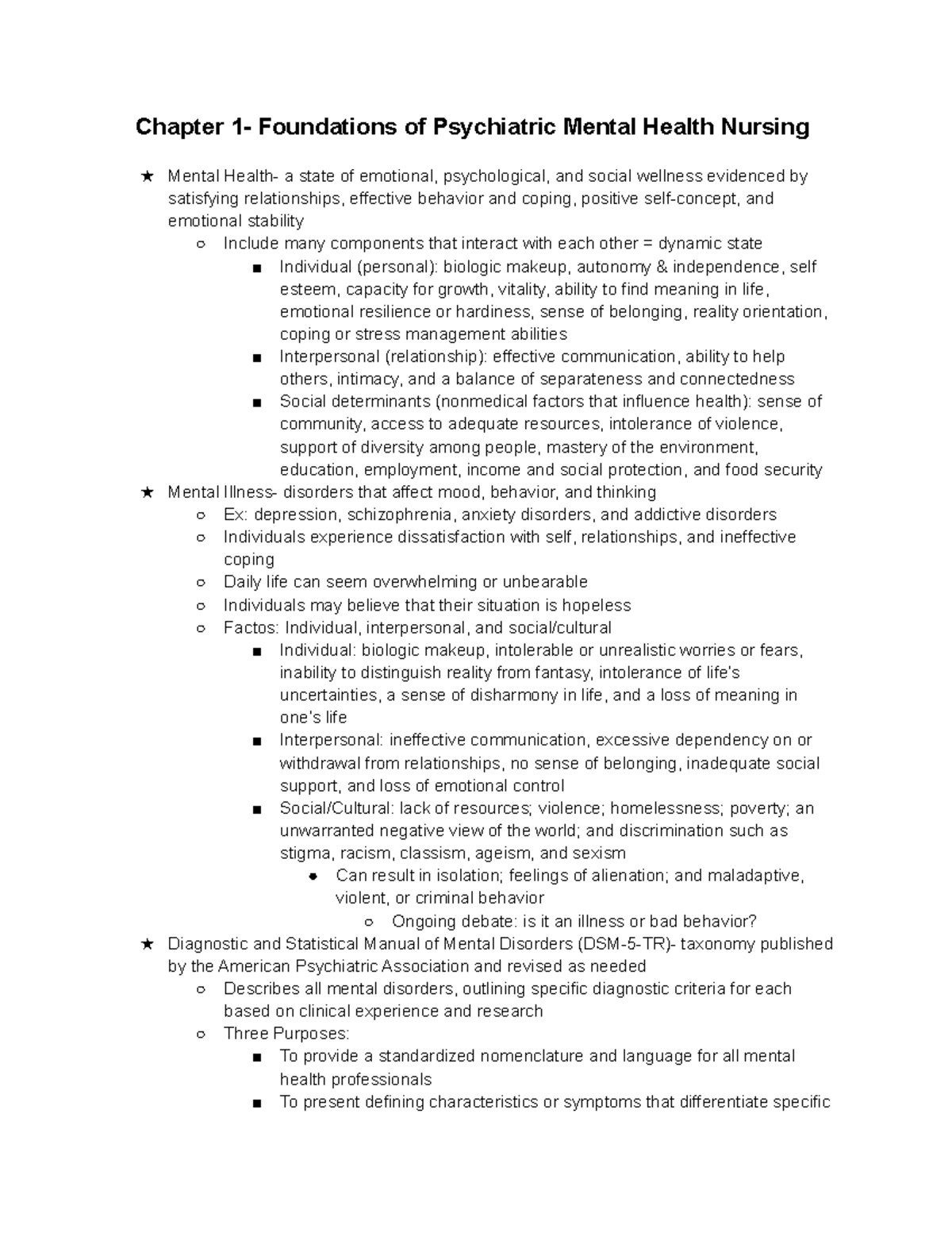 Pysch Chapter 1 and 2 - Chapter 1- Foundations of Psychiatric Mental ...