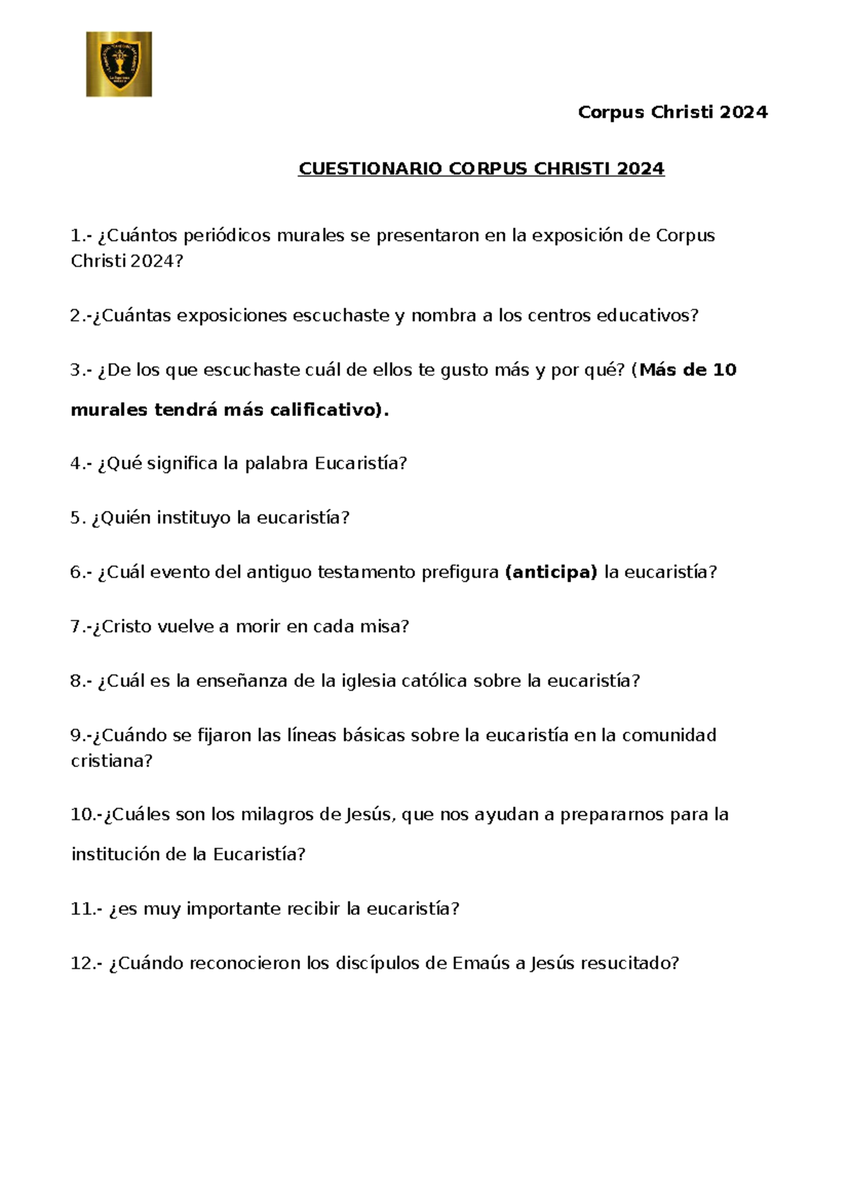 Cuestionario Corpus Christi 2024 - Corpus Christi 2024 CUESTIONARIO CORPUS CHRISTI 2024 1 ...