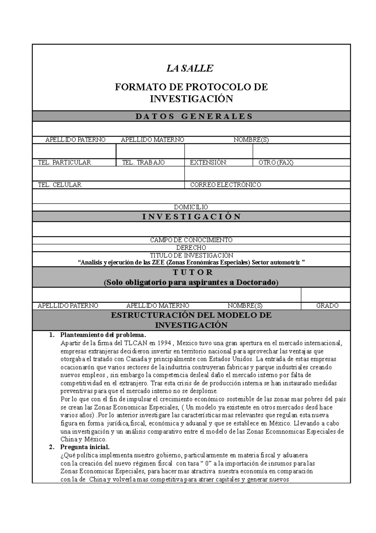 Alumnos Protocolo de Investigación - LA SALLE FORMATO DE PROTOCOLO DE INVESTIGACIÓN D A T O S G ...
