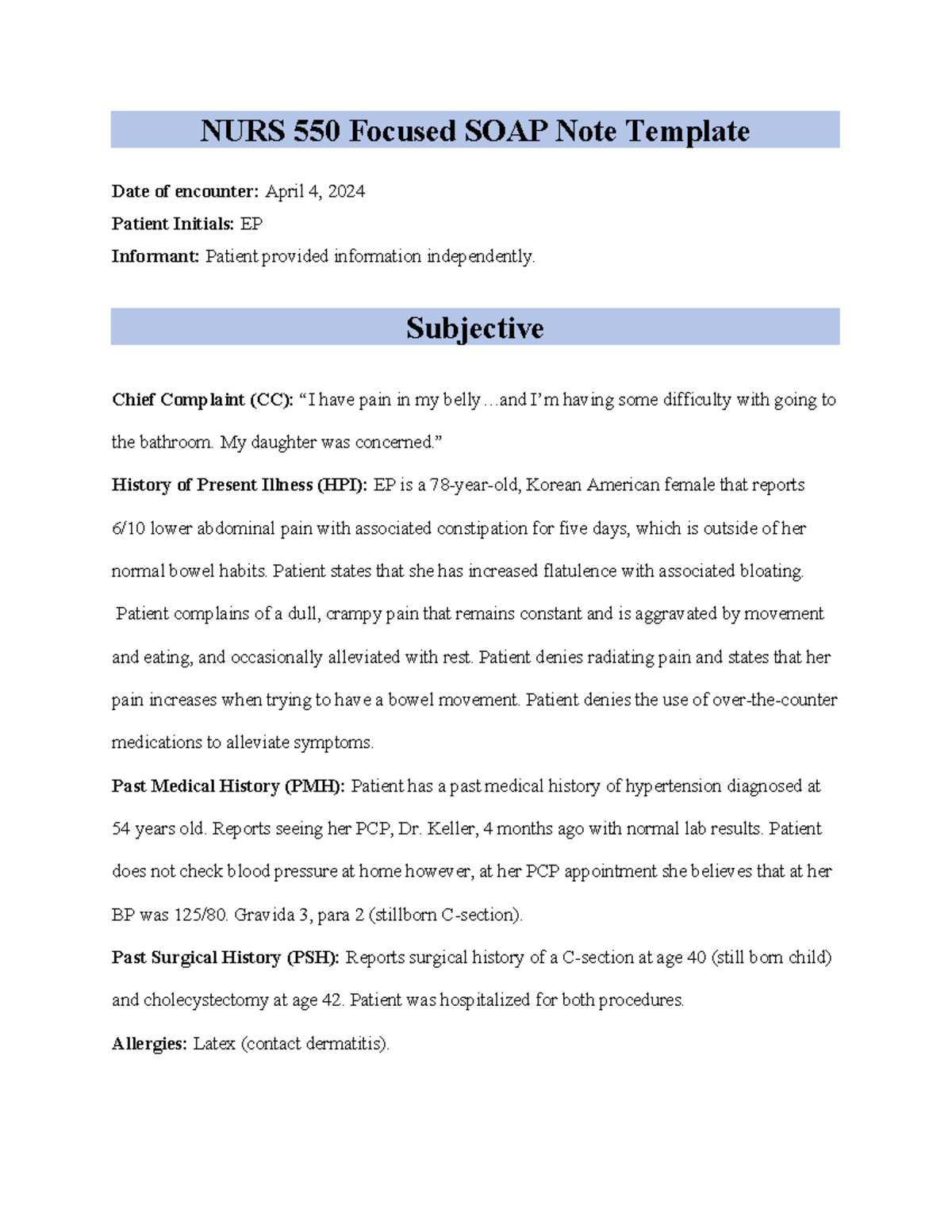 NURS550 - Focused Soap Note 1 - NURS 550 Focused SOAP Note Template ...