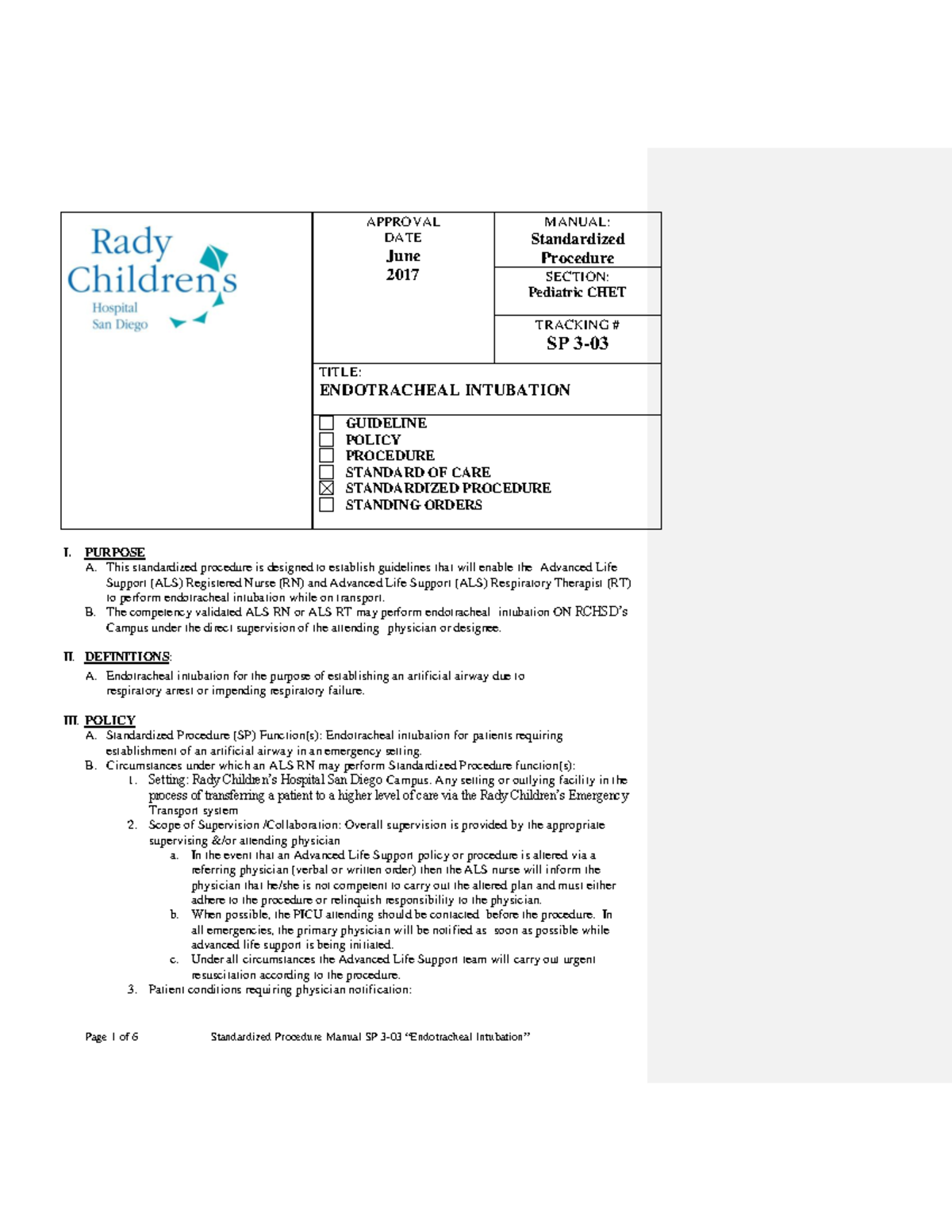 Intubation-procedure - I. PURPOSE A. This standardized procedure is ...