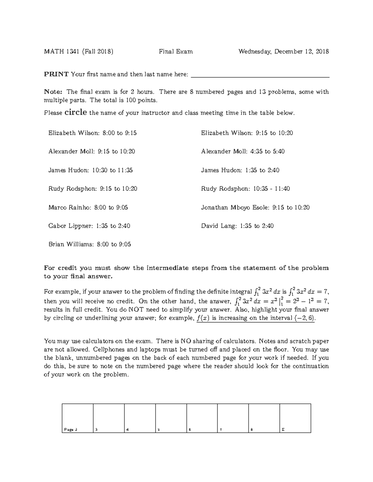 1341 Final EXAM Fall2018 - MATH 1341 (Fall 2018) Final Exam Wednesday ...