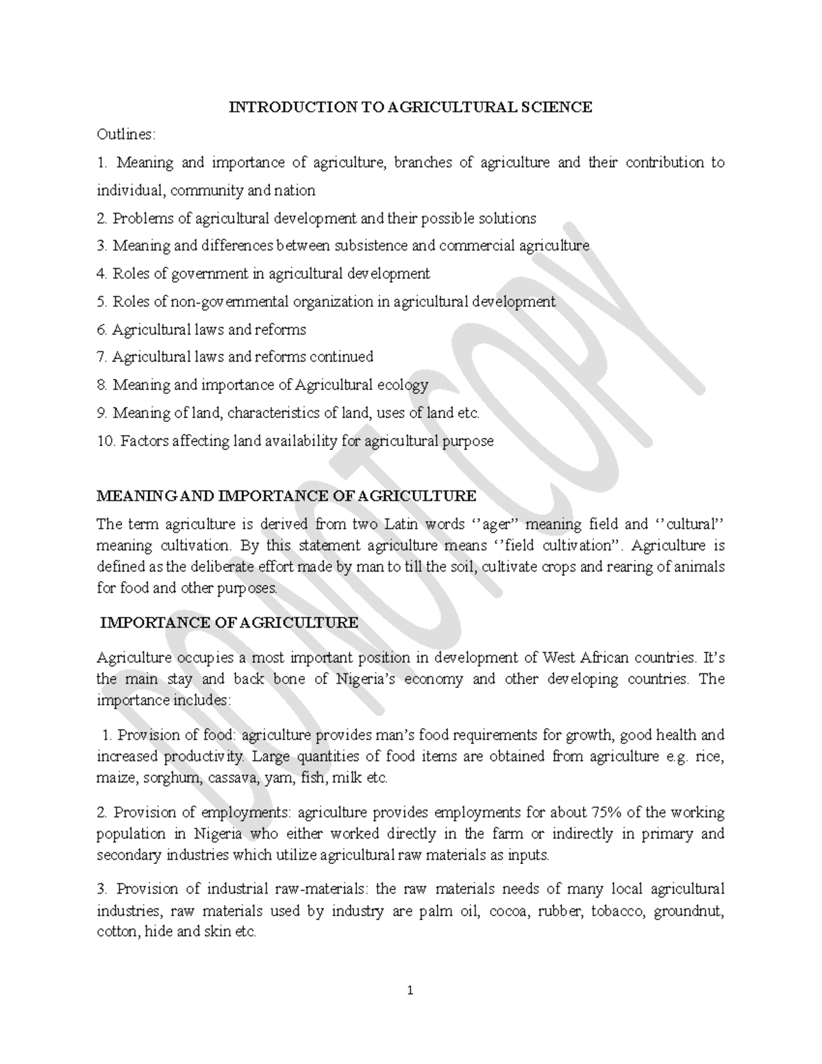 Agrictultural Science IN Primary Education PES011 - INTRODUCTION TO ...