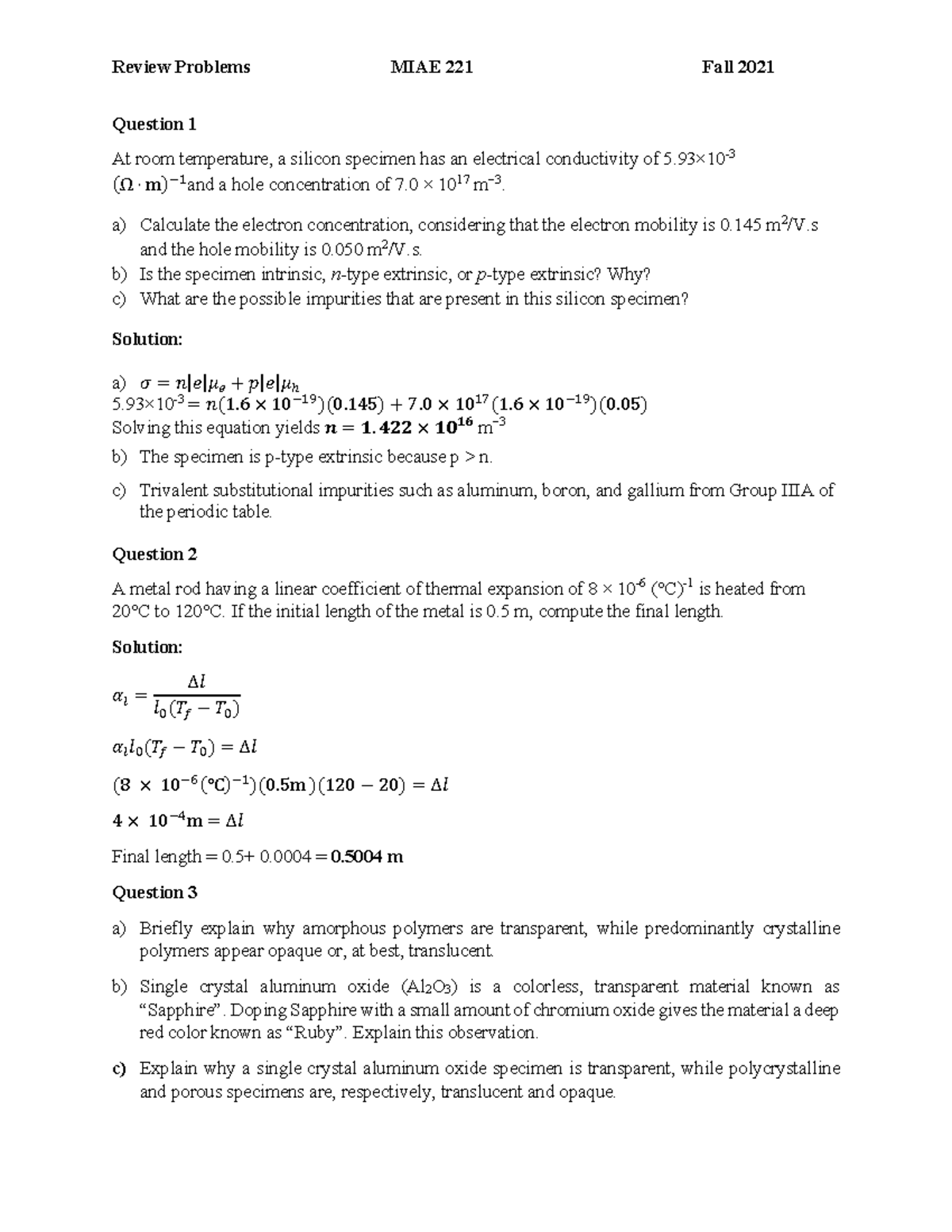 Review Problems-Solutions - Question 1 At room temperature, a silicon ...