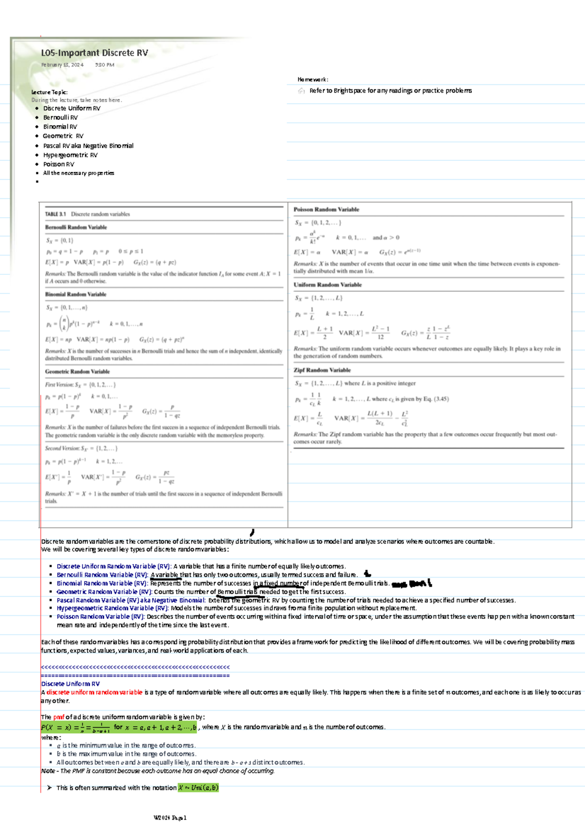 L05-Important Discrete RV - Lecture Topic: During the lecture, take ...