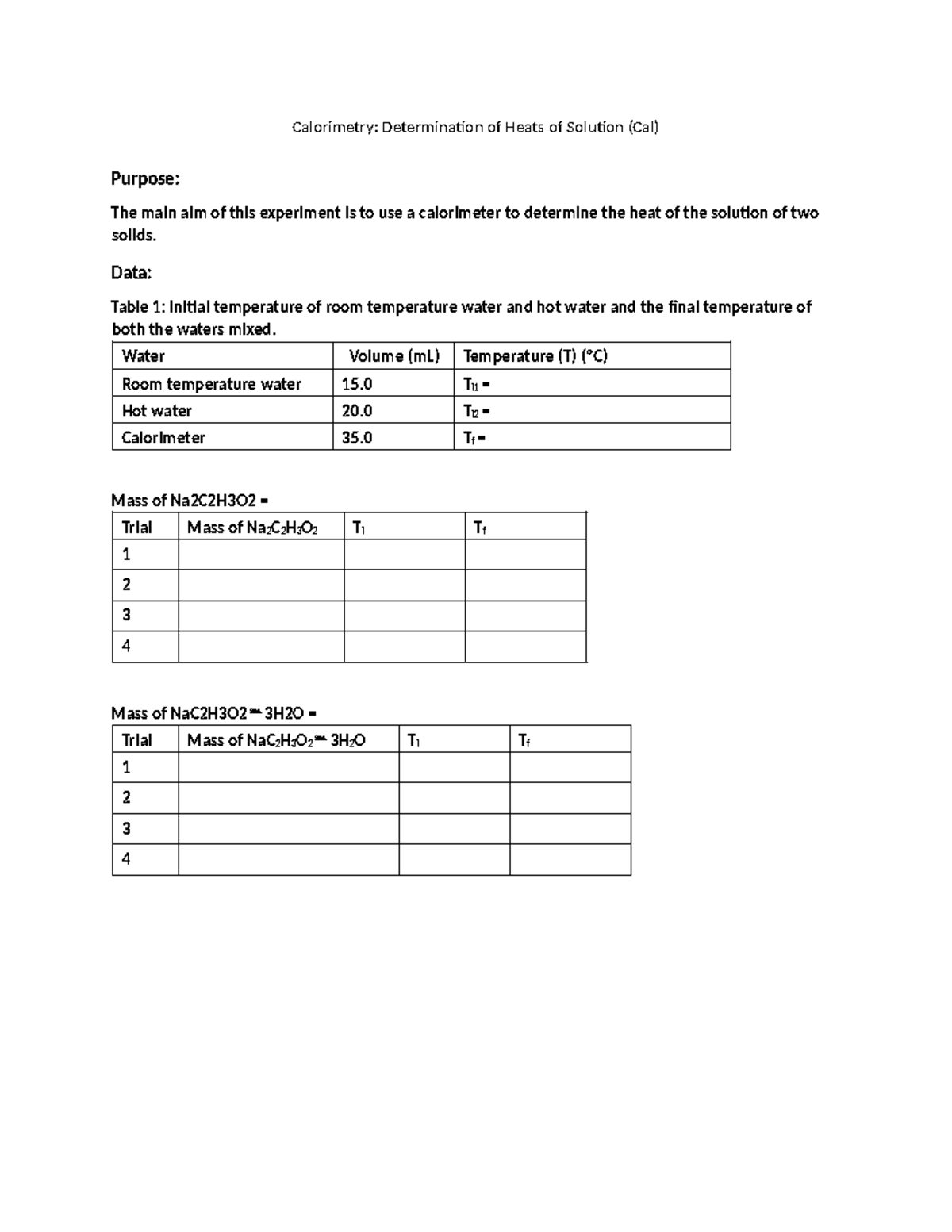 Calorimetry - Data: Table 1: initial temperature of room temperature ...
