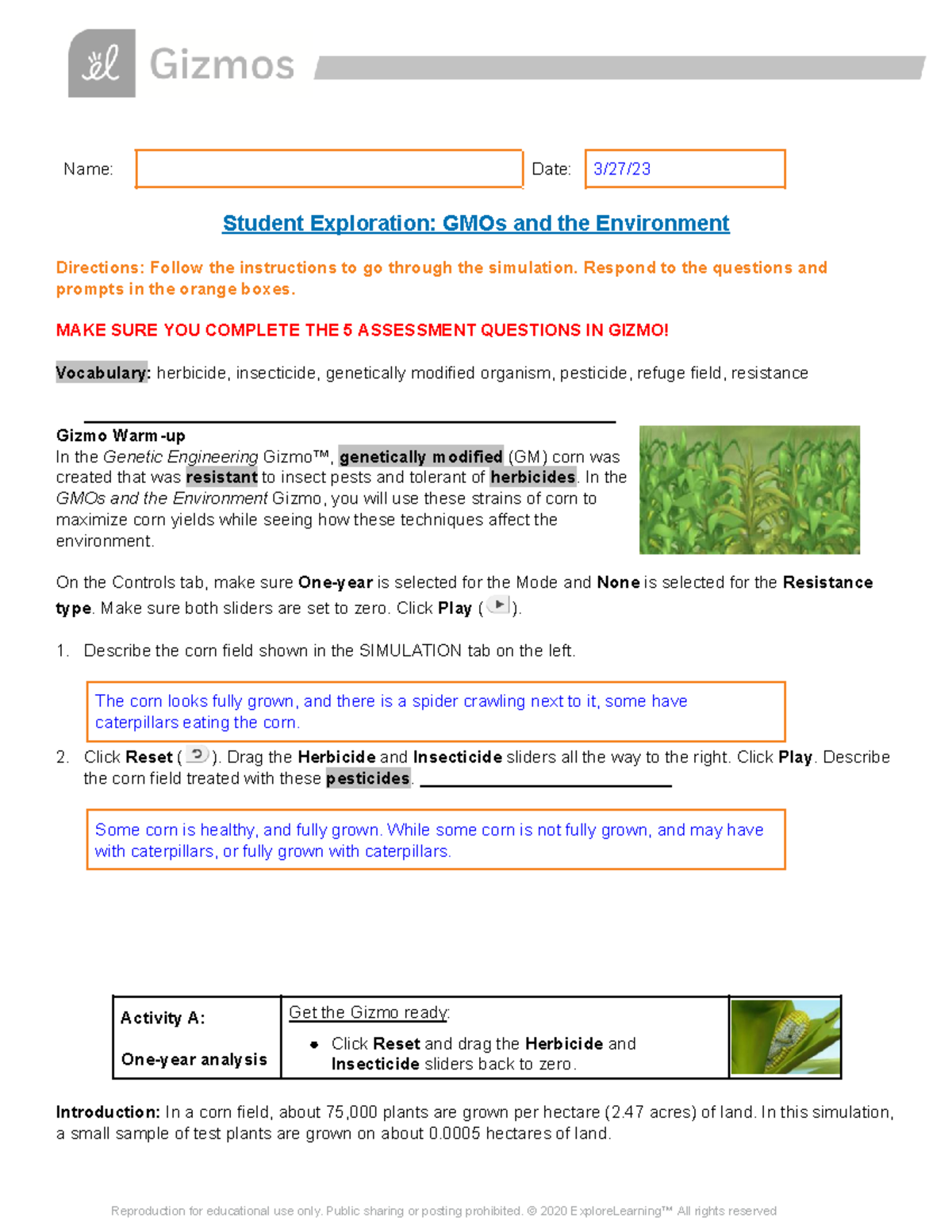 Copy of Gizmo- GMO student handout- APES - Name: Date: 3/27/ Student ...