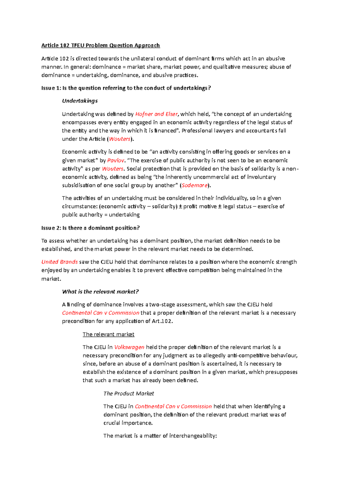 Article 102 TFEU Problem Question Approach Article 102 TFEU Problem