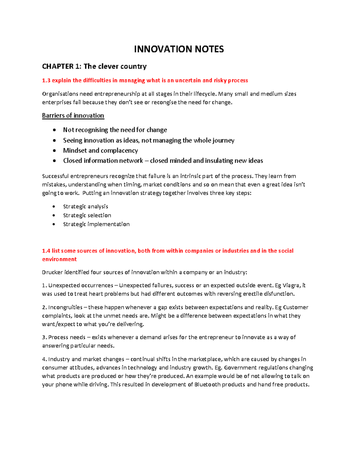 Innovation- Notes - INNOVATION NOTES CHAPTER 1: The clever country 1 ...