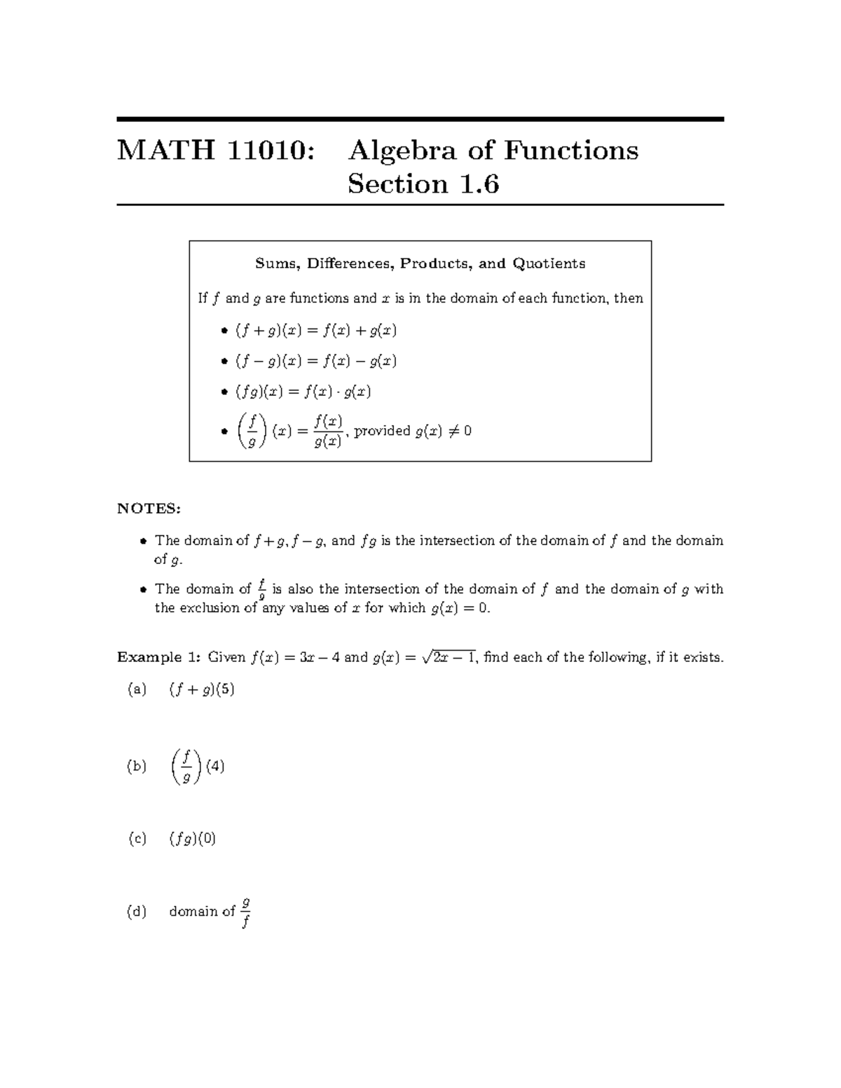 Algebra Of Functions - MATH 11010: Algebra of Functions Section 1. Sums ...