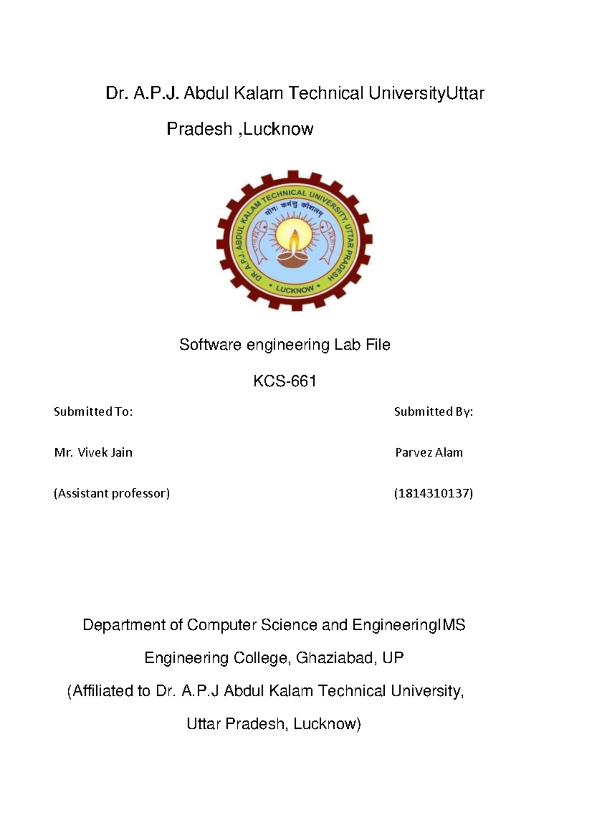 Software Engineering Lab file - Parvez Alam - Dr. A.P. Abdul Kalam ...