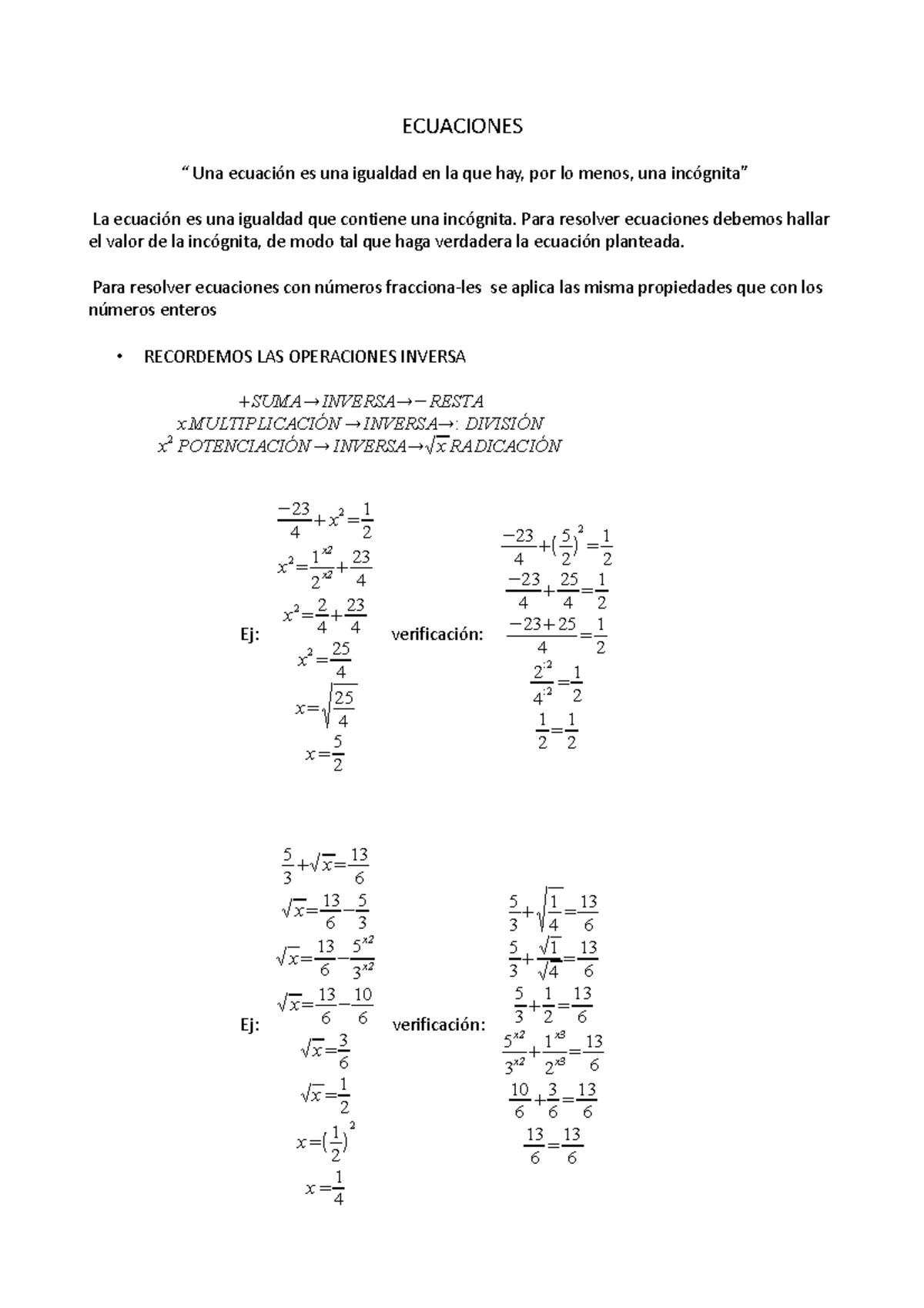 Ecuaciones de matemática 1 año secundario dedededed - ECUACIONES “ Una ...