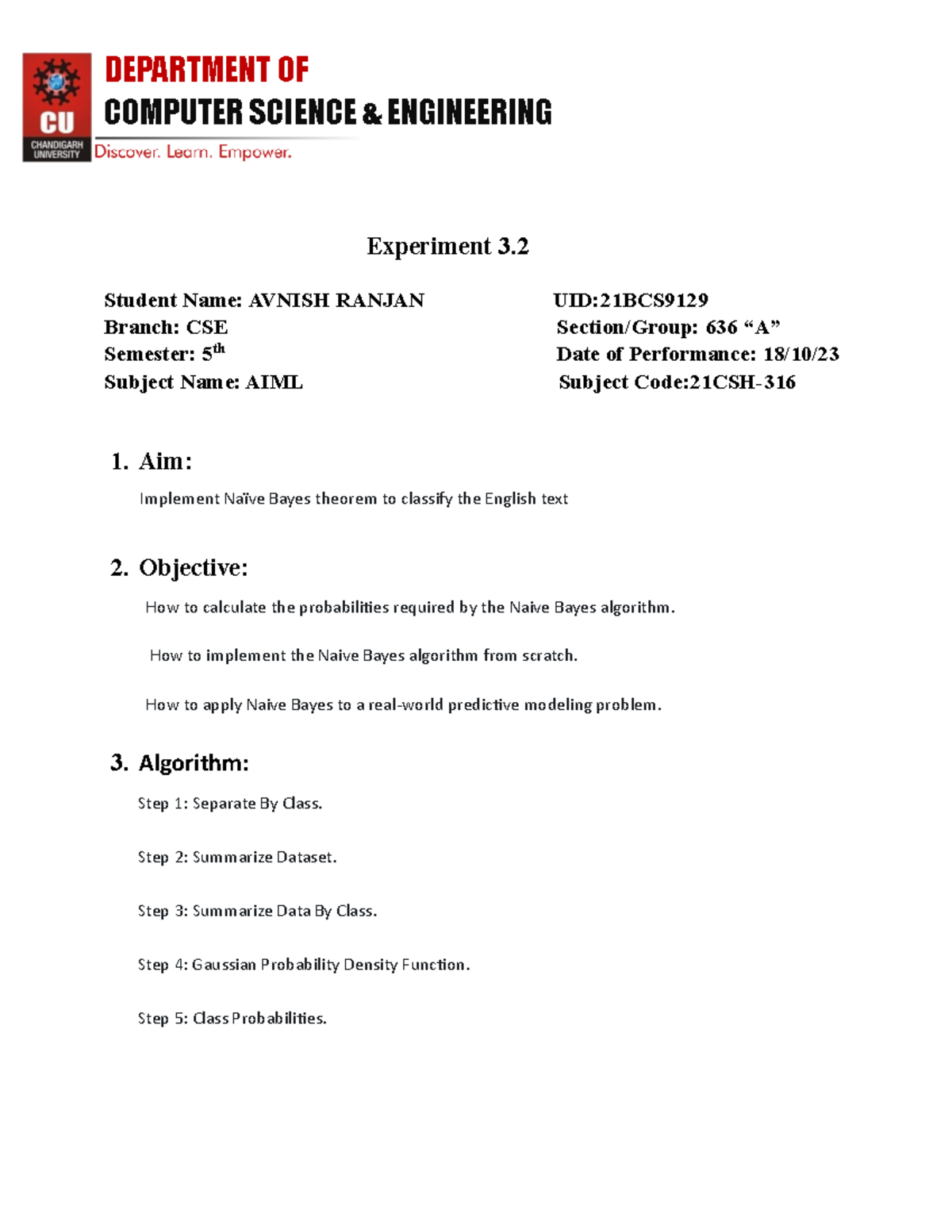 Print - CSE - COMPUTER SCIENCE & ENGINEERING Experiment 3. Student Name: AVNISH RANJAN UID:21BCS ...