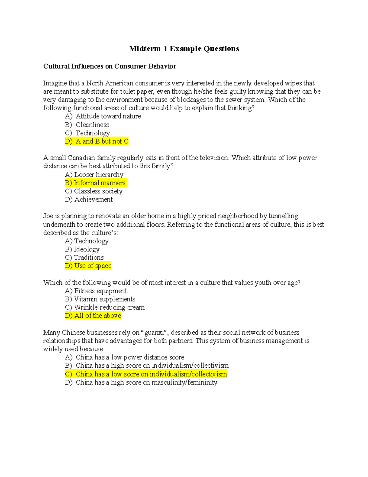 Midterm 1 Sample MC Questions and Short Answer Questions - Midterm 1 Example Questions Cultural ...