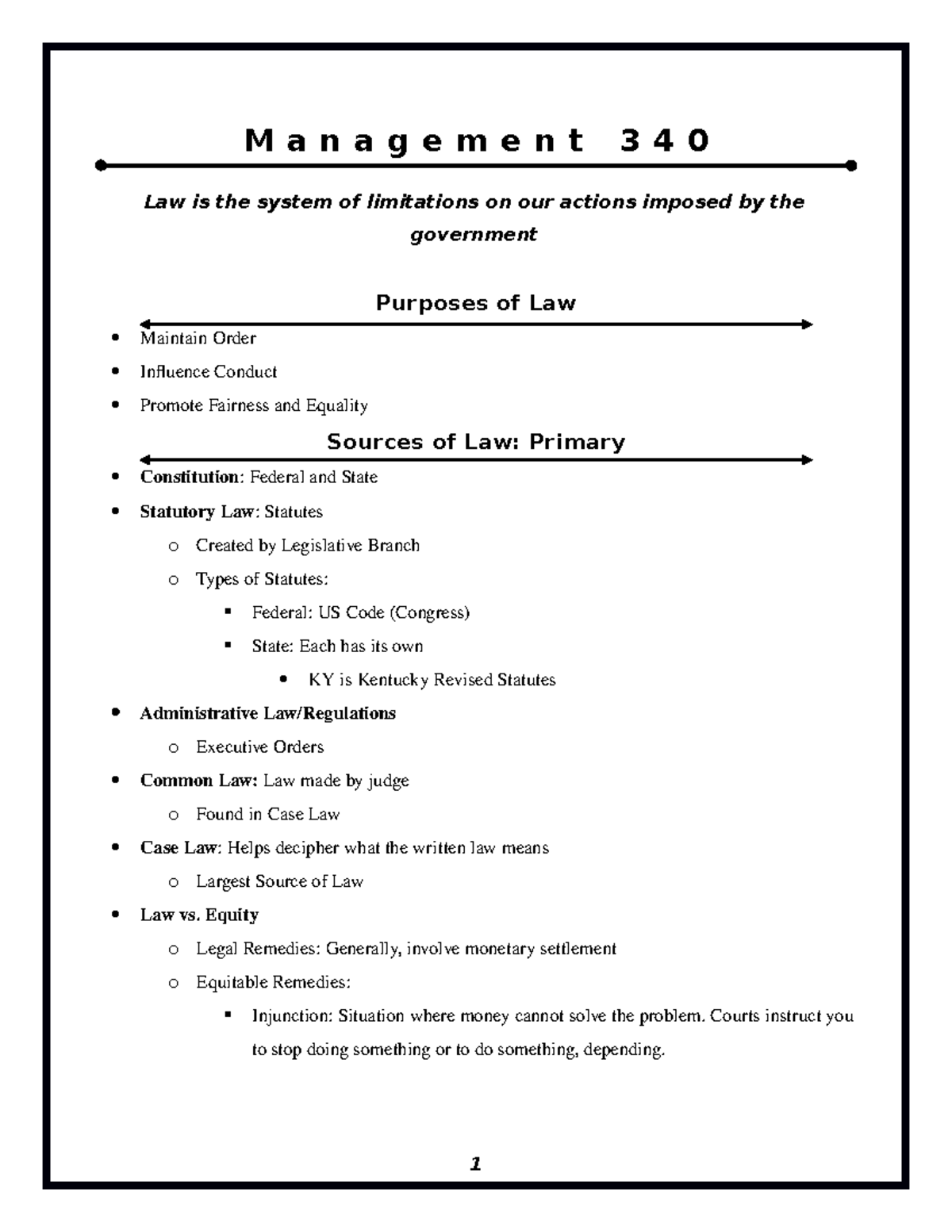 Management 340 Final Exams Notes - M a n a g e m e n t 3 4 0 Law is the ...