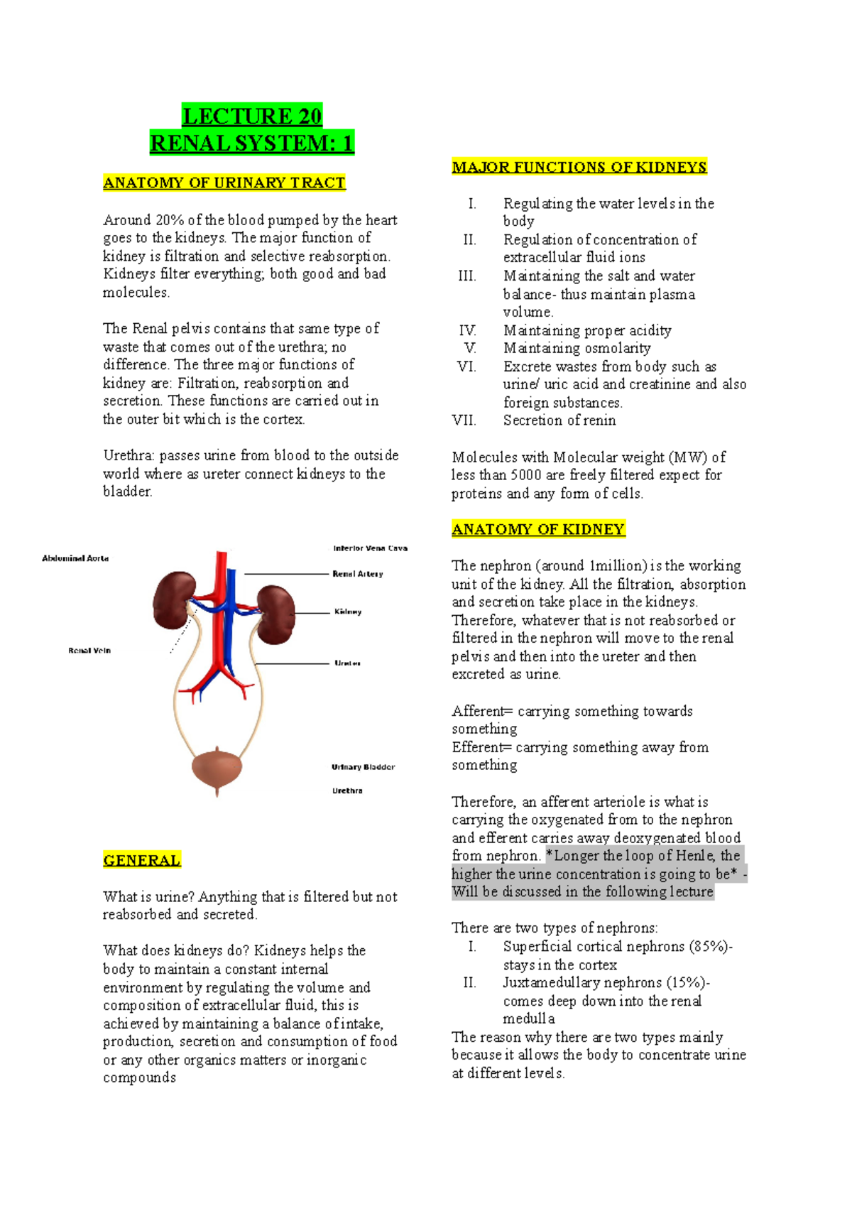 Renal LN full 2019 - Lecture notes 20,21,22 - LECTURE 20 RENAL SYSTEM ...