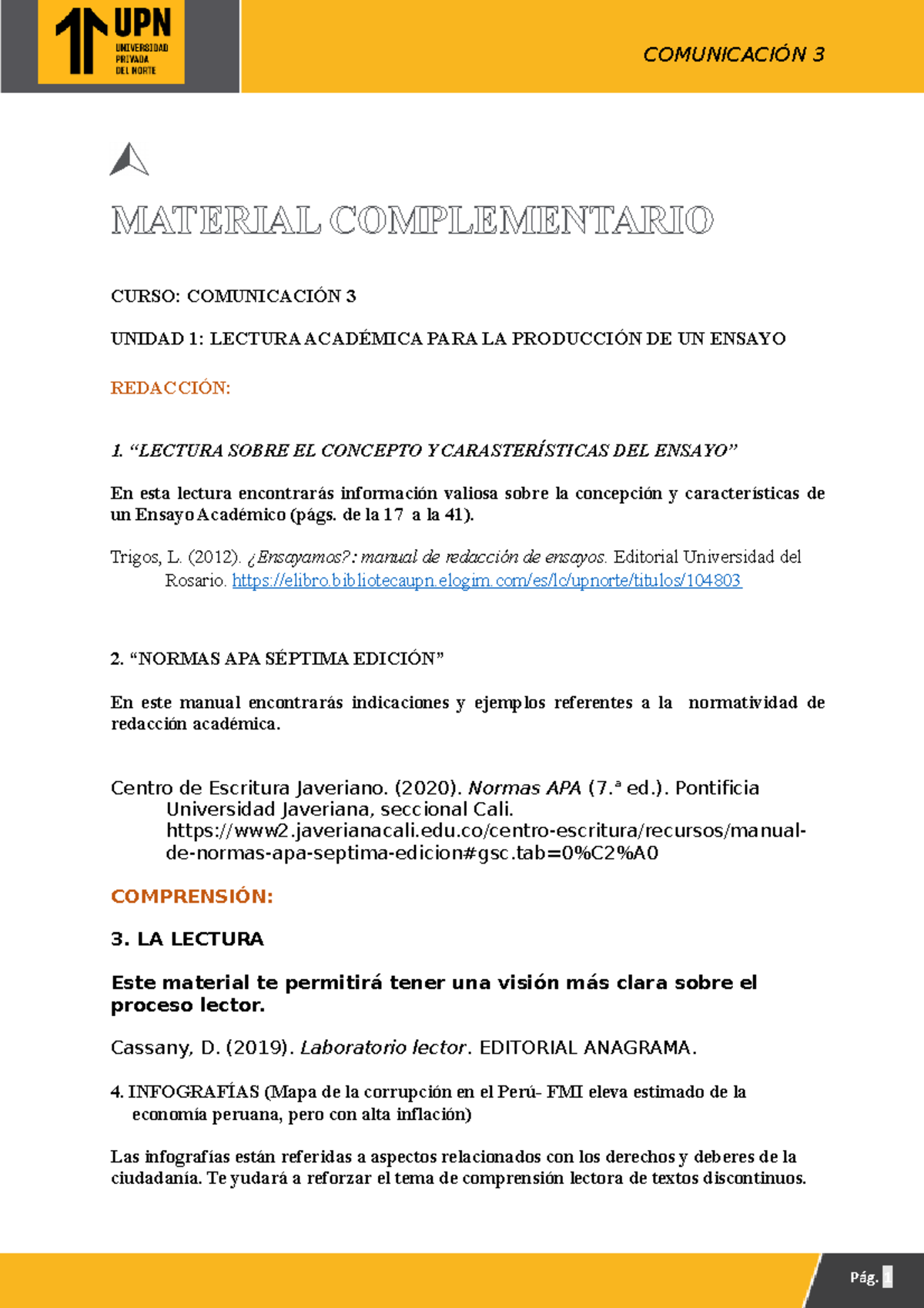 Material Complementario S1 COMU3 2023-2 - MATERIAL COMPLEMENTARIO CURSO: COMUNICACIÓN 3 UNIDAD 1 ...
