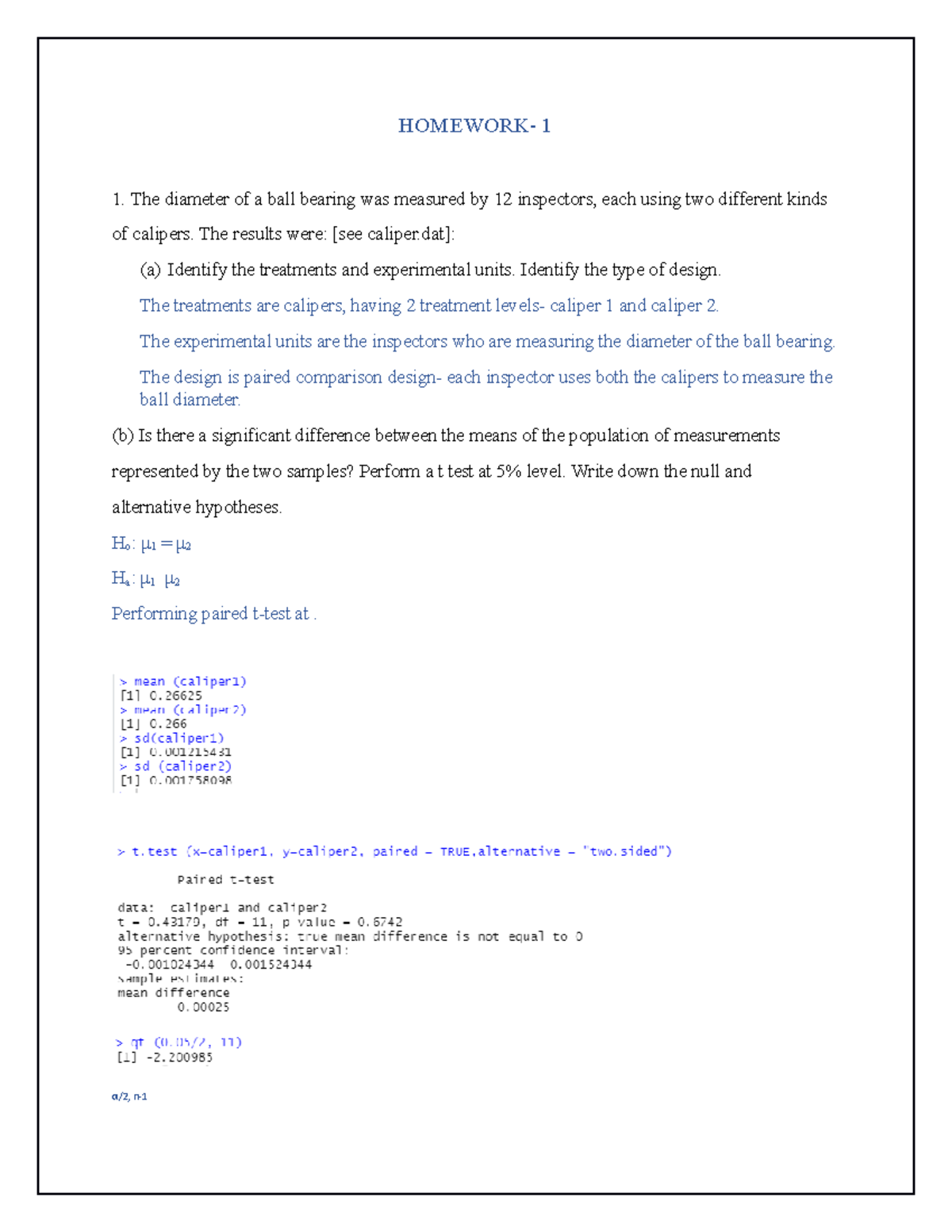 HW1 - Homework assignments - HOMEWORK- 1 The diameter of a ball bearing ...