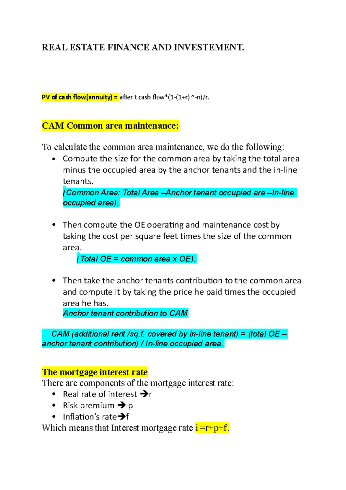 REFI Formula sheet for the whole course - REAL ESTATE FINANCE AND ...