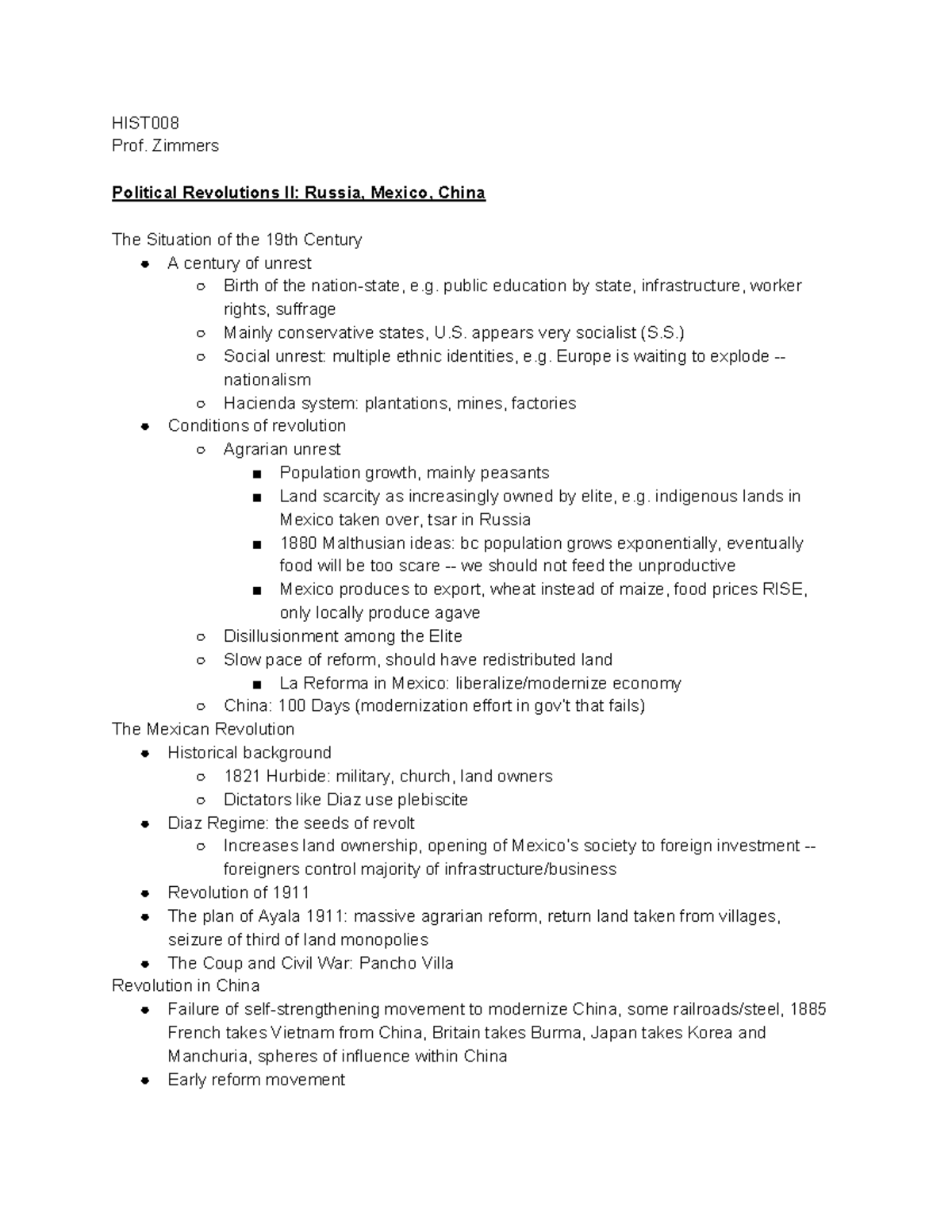 HIST008 Political Revolutions II Notes - HIST008 Prof. Zimmers ...