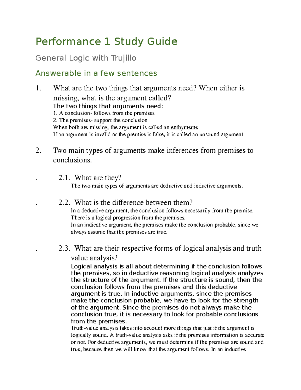 Logic Study Guide Exam 1 - Performance 1 Study Guide General Logic with ...