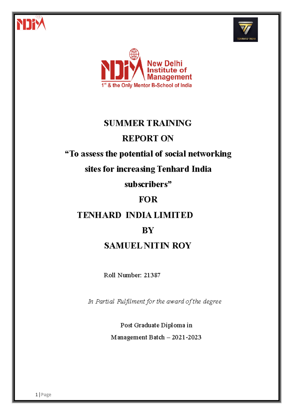 Samuel nitin roy 21387 final sip report - SUMMER TRAINING REPORT ON “To ...