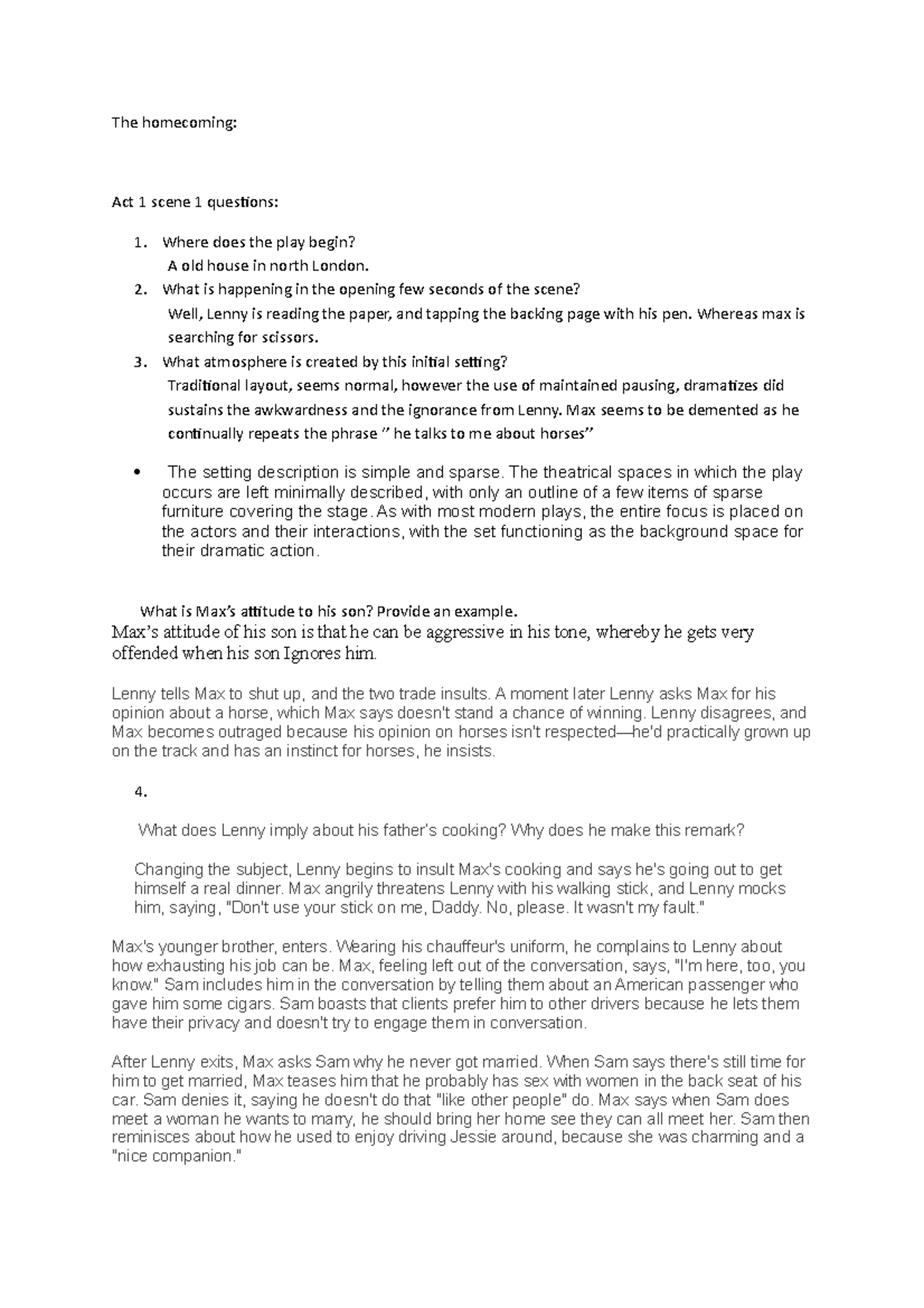 The homecoming - The homecoming: Act 1 scene 1 questions: Where does ...