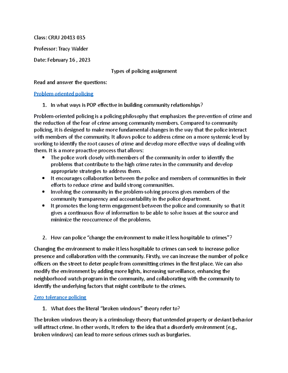 Chapter 4 Types of Policing Assignment and Answer - Class: CRJU 20413 ...