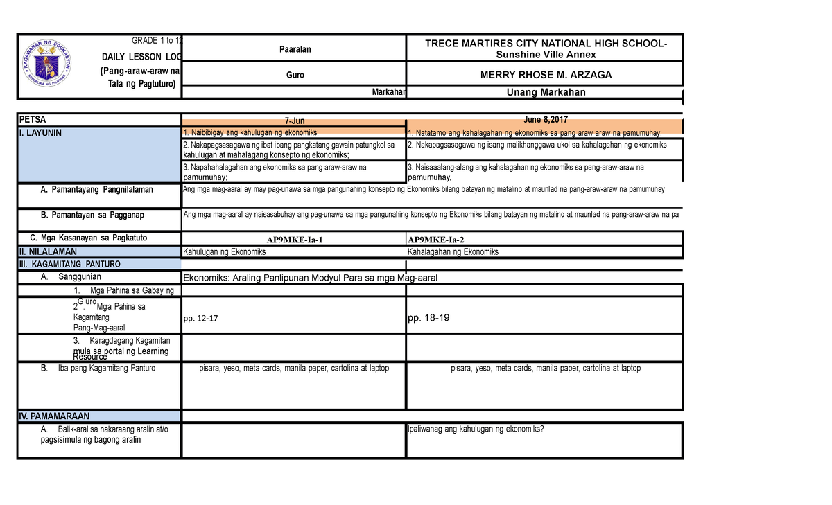 Ap 9 dll q1 week 1 10 - None - GRADE 1 to 12 DAILY LESSON LOG (Pang ...