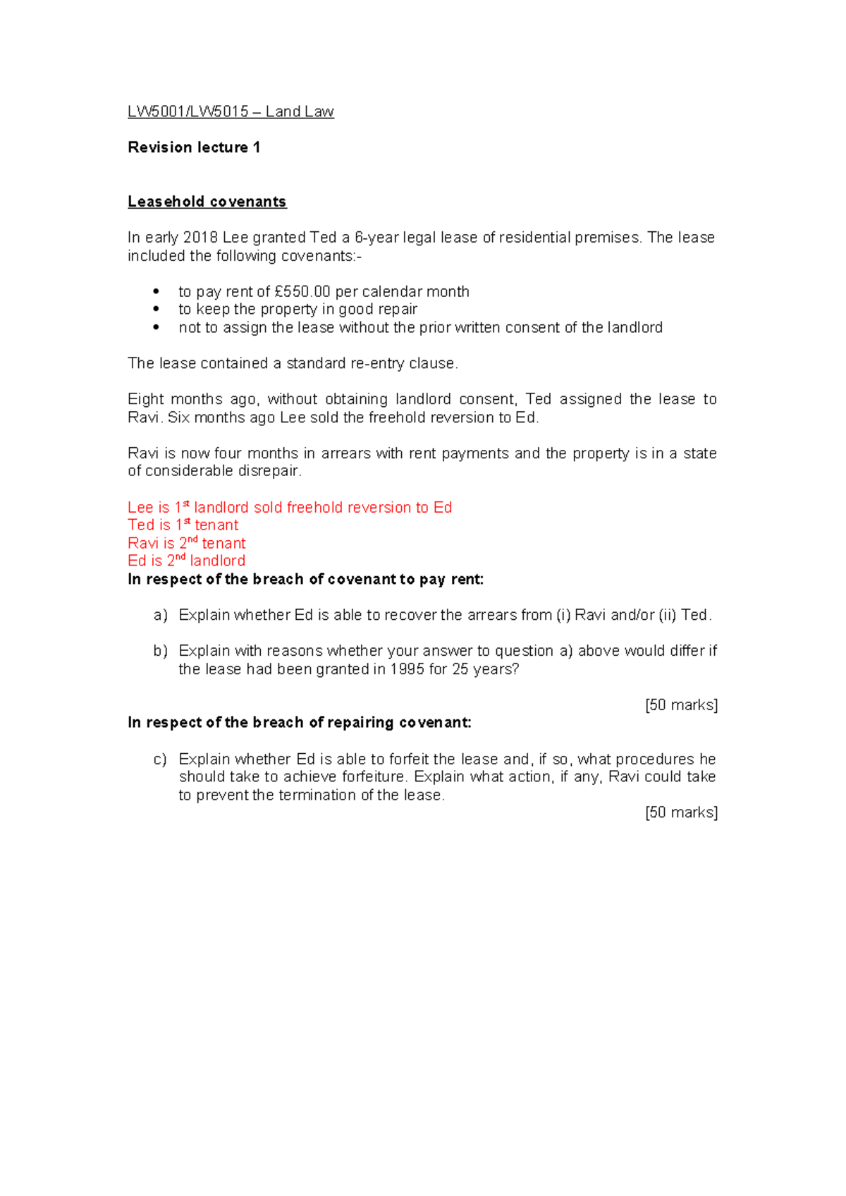 Revision lecture 1-Leasehold covenants problem question - LW5001/LW5015 – Land Law Revision ...