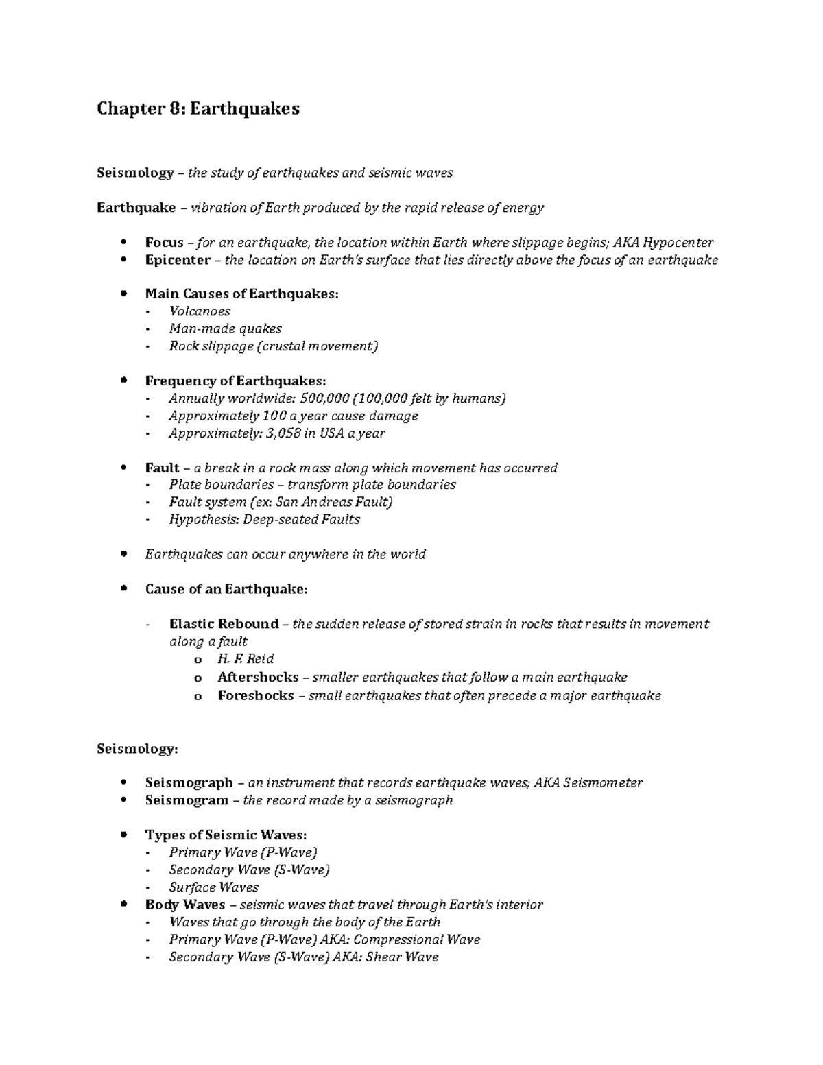 CH 8 Notes - Chapter 8: Earthquakes Seismology – the study of ...