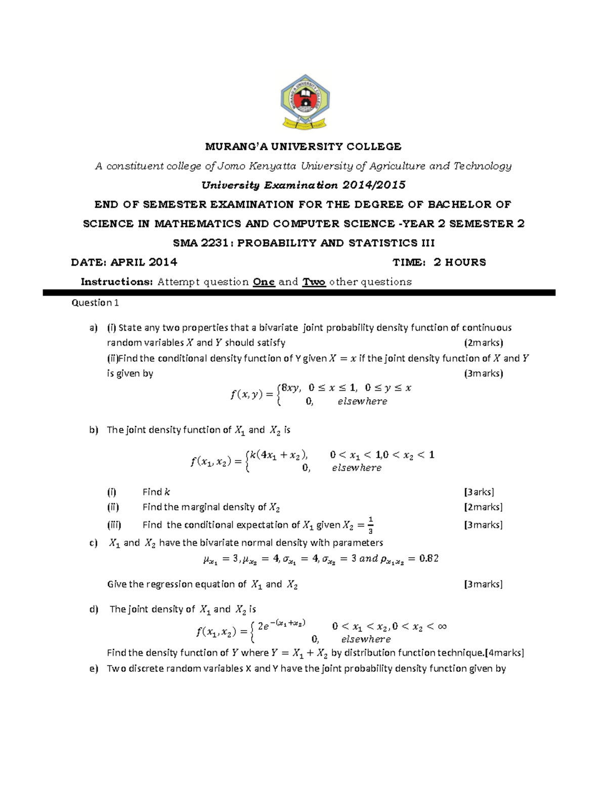SMA 2231 Probability AND Statistics III MAIN - MURANG’A UNIVERSITY ...