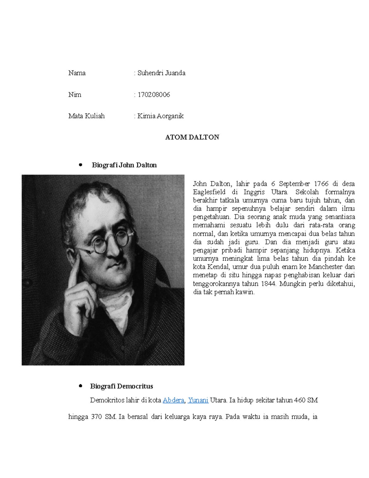 ATOM Dalton - Nama : Suhendri Juanda Nim : 170208006 Mata Kuliah ...