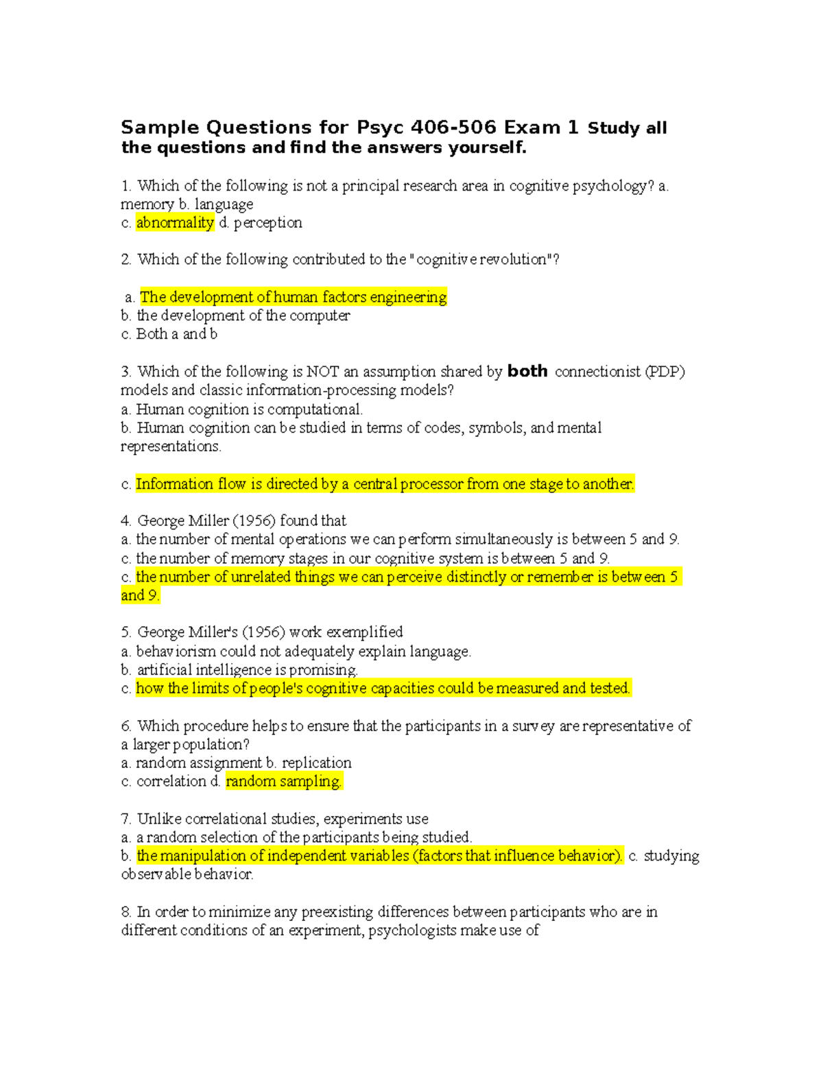 Review 1st test cognitive - Sample Questions for Psyc 406-506 Exam 1 ...