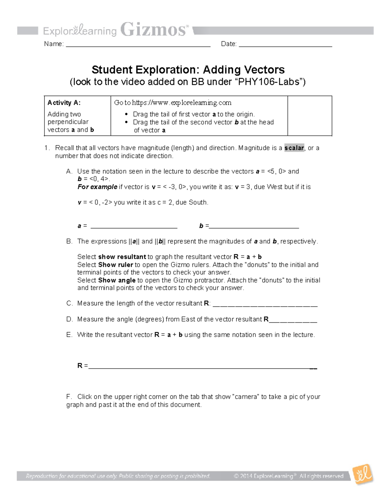 PHY106-Lab.2 - Lab - Name: Date: Student Exploration: Adding Vectors ...