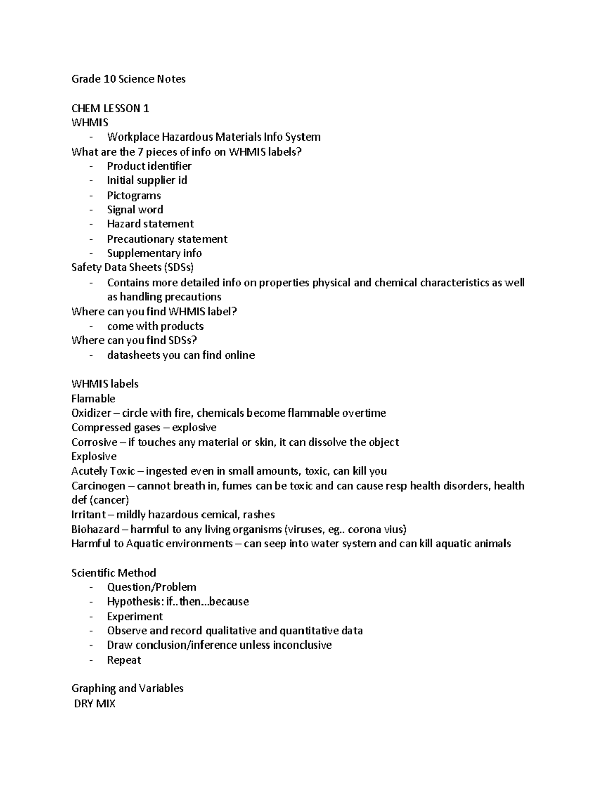 Chem - Chemistry 10 - Grade 10 Science Notes CHEM LESSON 1 WHMIS ...