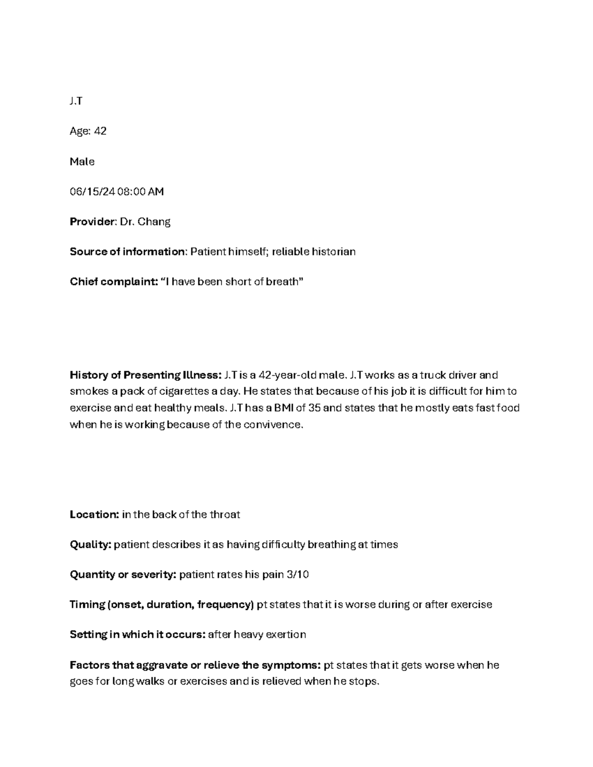 SOAP note week7 - SOAP note example - J Age: 42 Male 06 / 15 / 24 08 ...