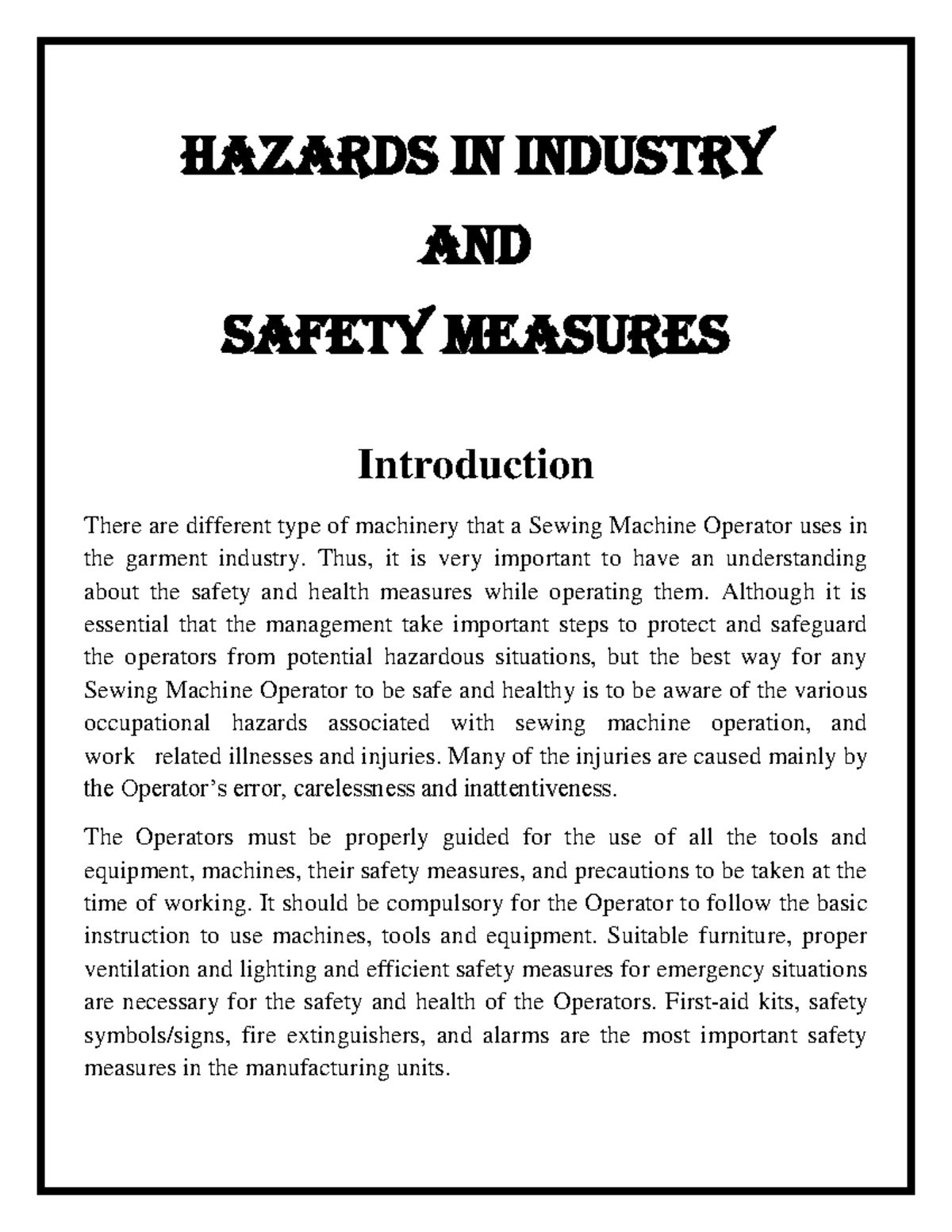 Management project - Hazards in Industry and Safety Measures ...