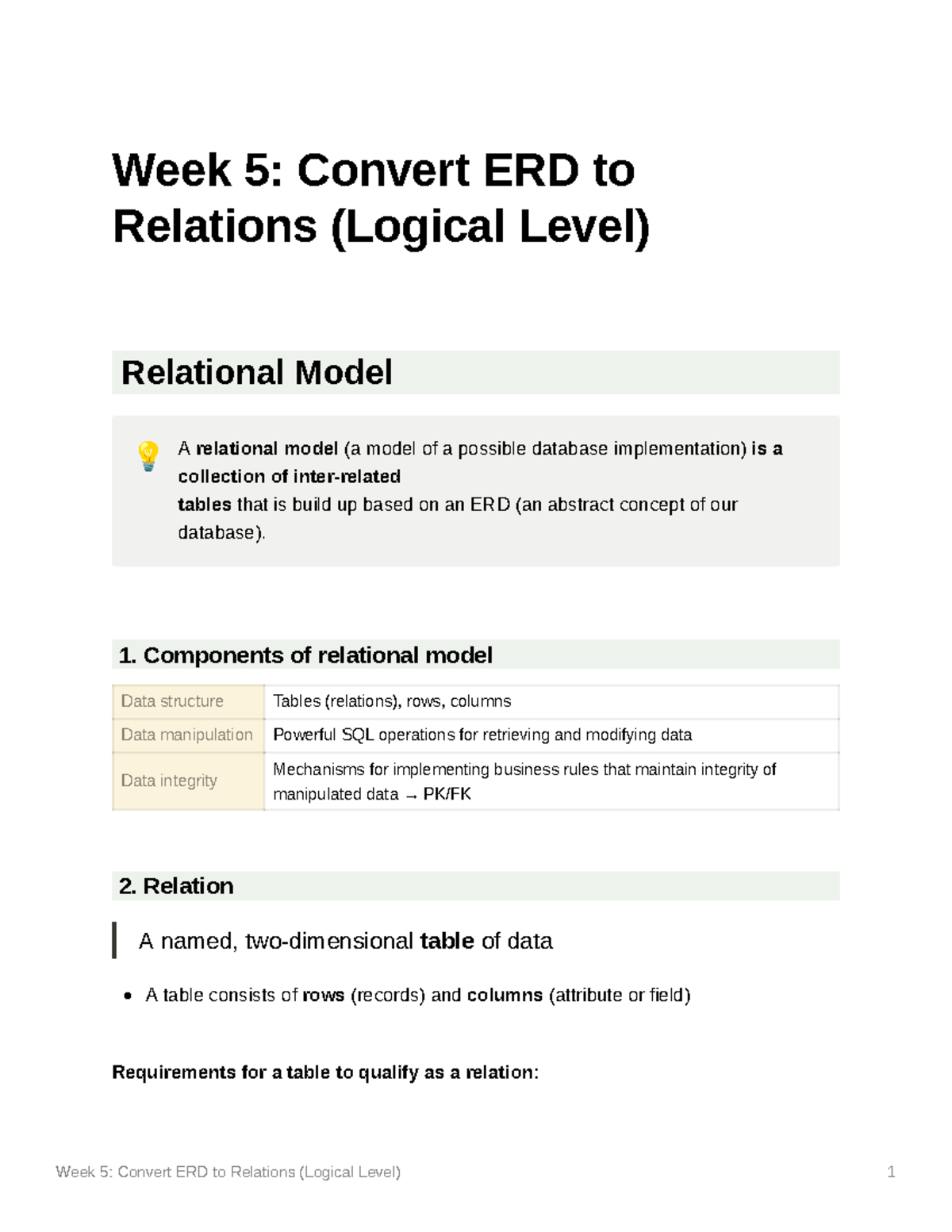 Database fun wk 5 - Lec notes - Week 5: Convert ERD to Relations ...