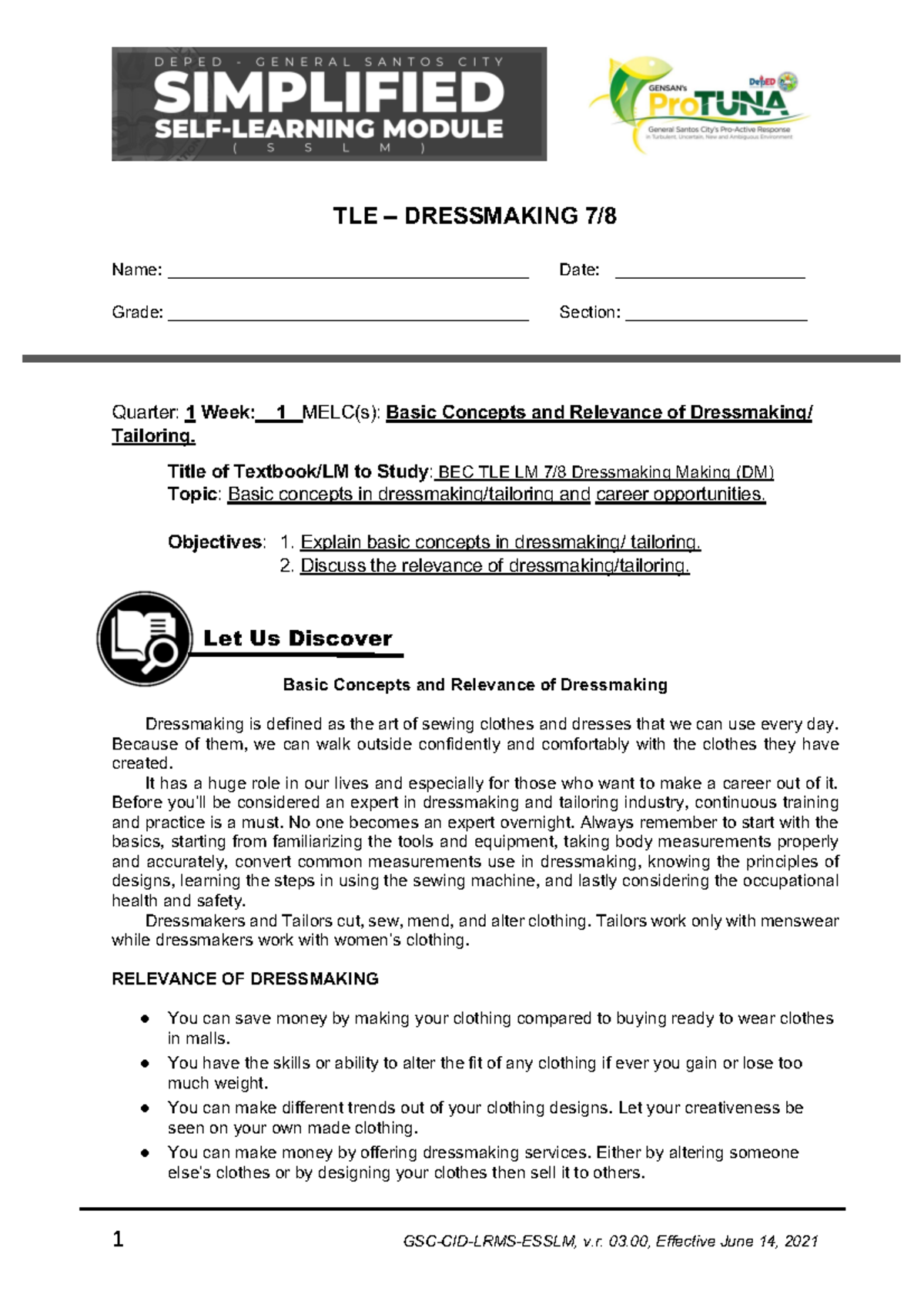 Dressmaking 7 Module 6 - TLE – DRESSMAKING 7/ Name: ______________________________________ Date ...