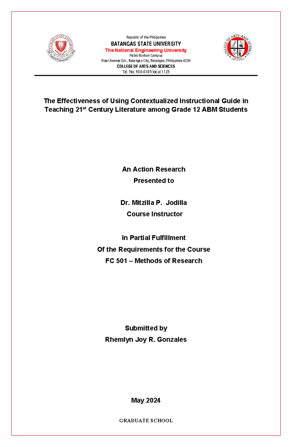 FC-501- Research - Republic of the Philippines BATANGAS STATE ...